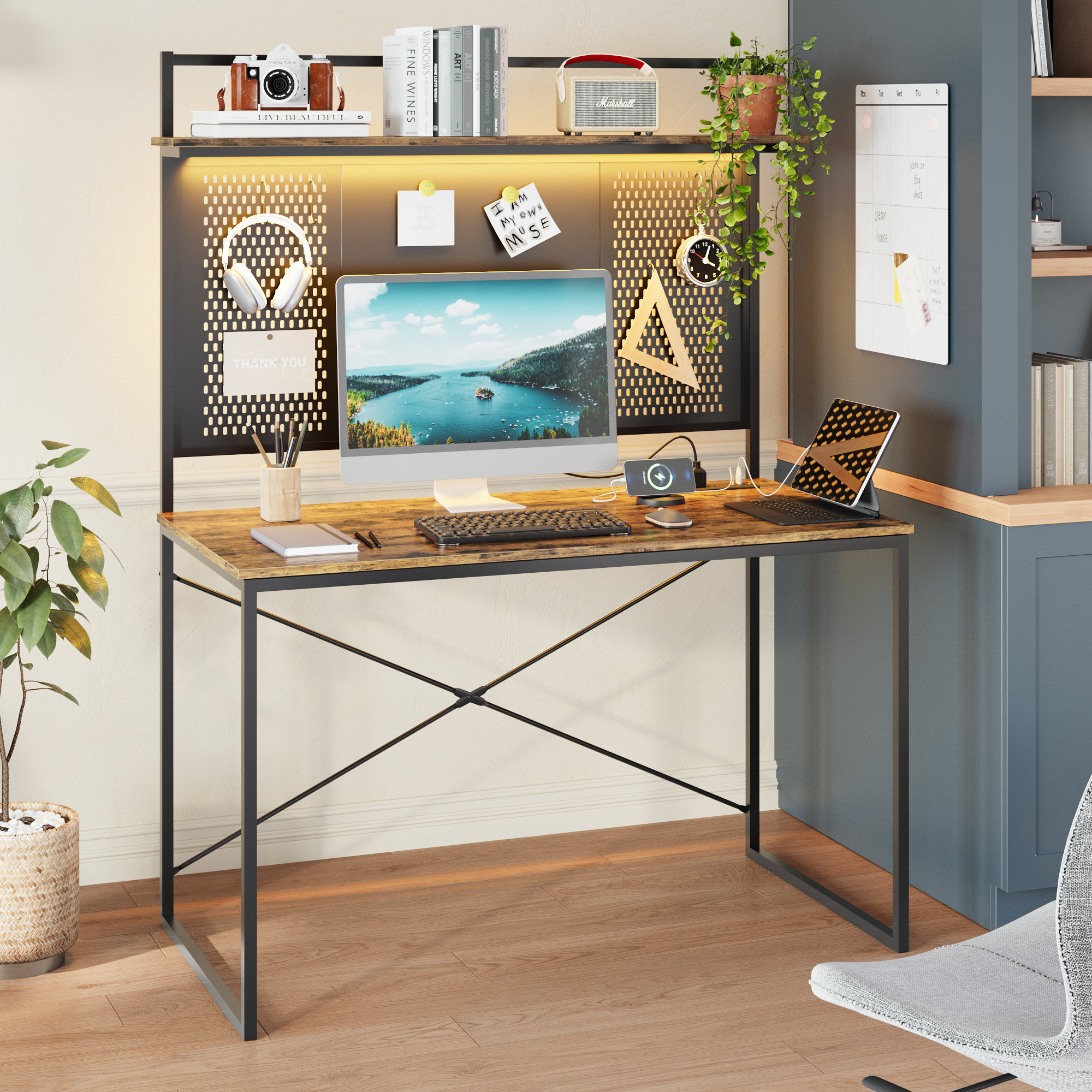 Inbox Zero Nedyo 39''W LED Gaming Desk with Hutch and Pegboard ...