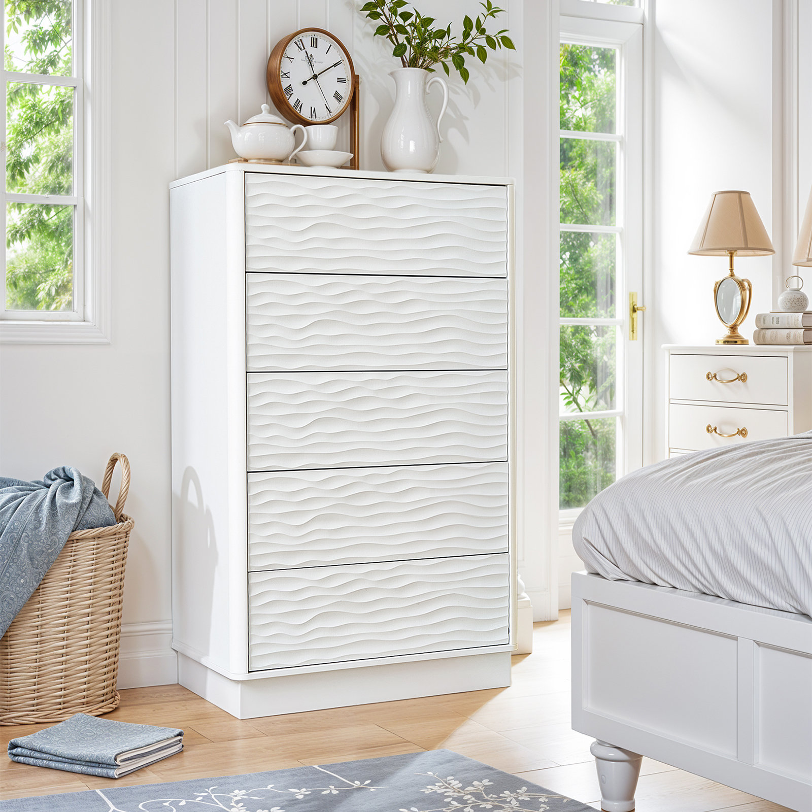 Ebern Designs 43“ Tall Modern Fluted 5 Drawer Dresser With Curved Edge, Chest Of Drawers ...