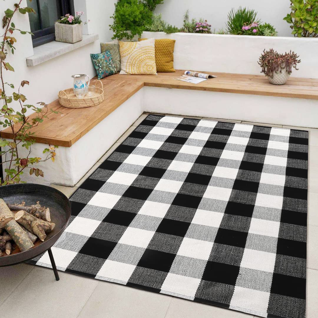Gracie Oaks Buffalo Plaid Outdoor Rug 3'X5'black And White Checkered ...