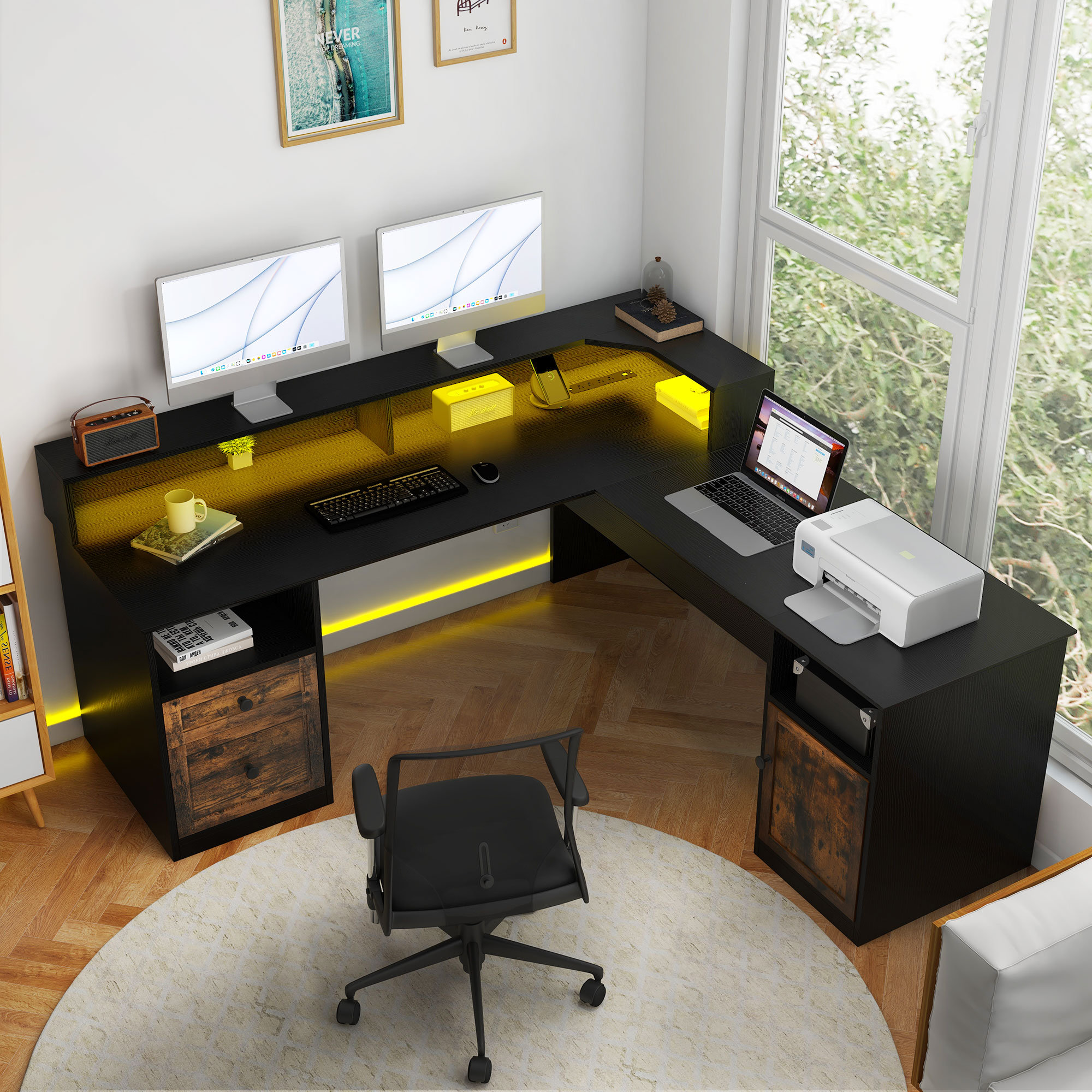 Wrought Studio™ 59'' Lift Top L Shaped Desk with Power Outlets & LED ...