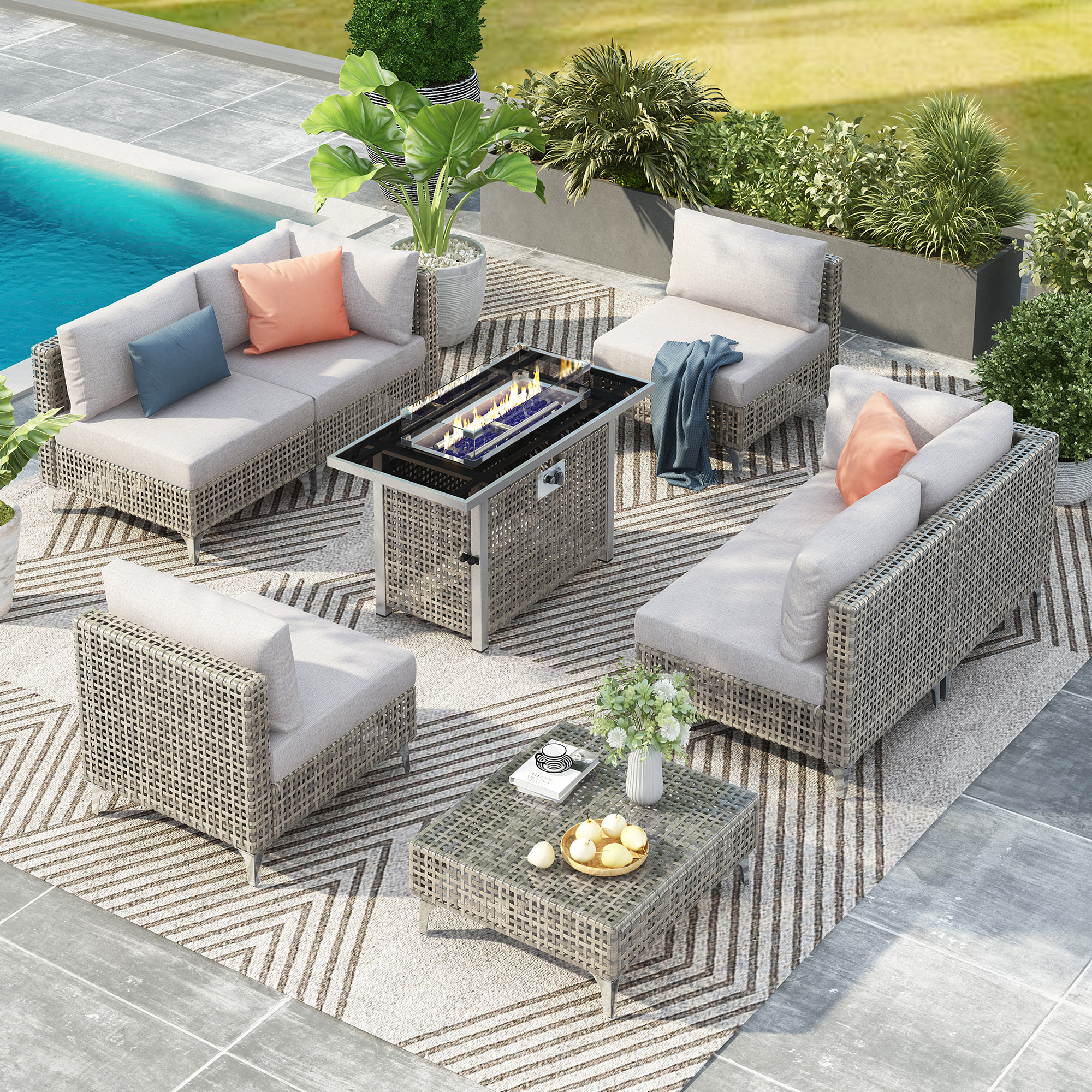 NFusion Ayaan Outdoor 8-Piece PE Rattan Conversation Set with Fire Pit ...