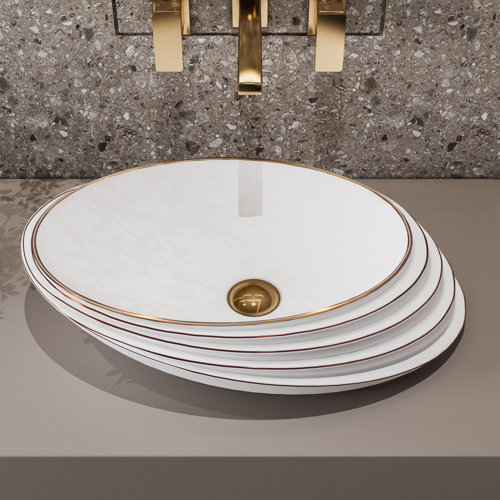 MEJE 21" Rose Gold Embossed Art Basin, Ceramic Slant Oval Bathroom Sink ...