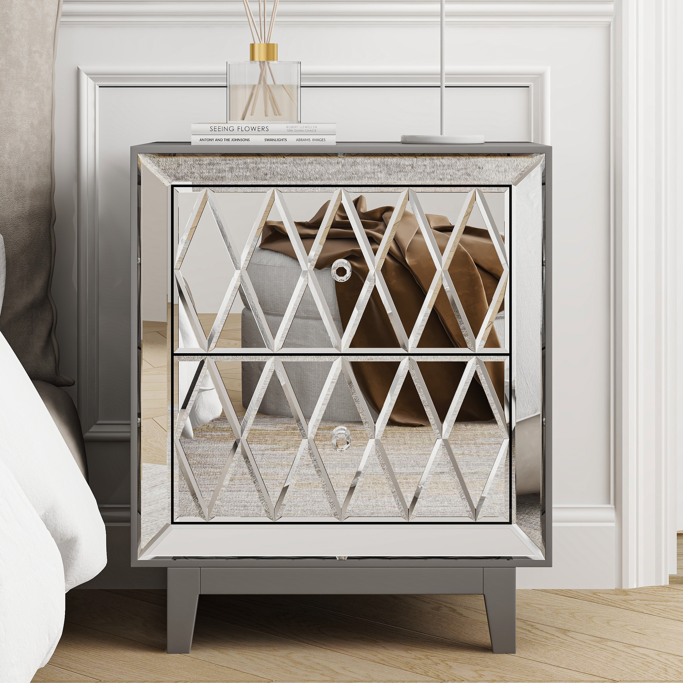 Everly Quinn Fairgrove Plaid Glass Mirrored Nightstand Silver Bedside ...