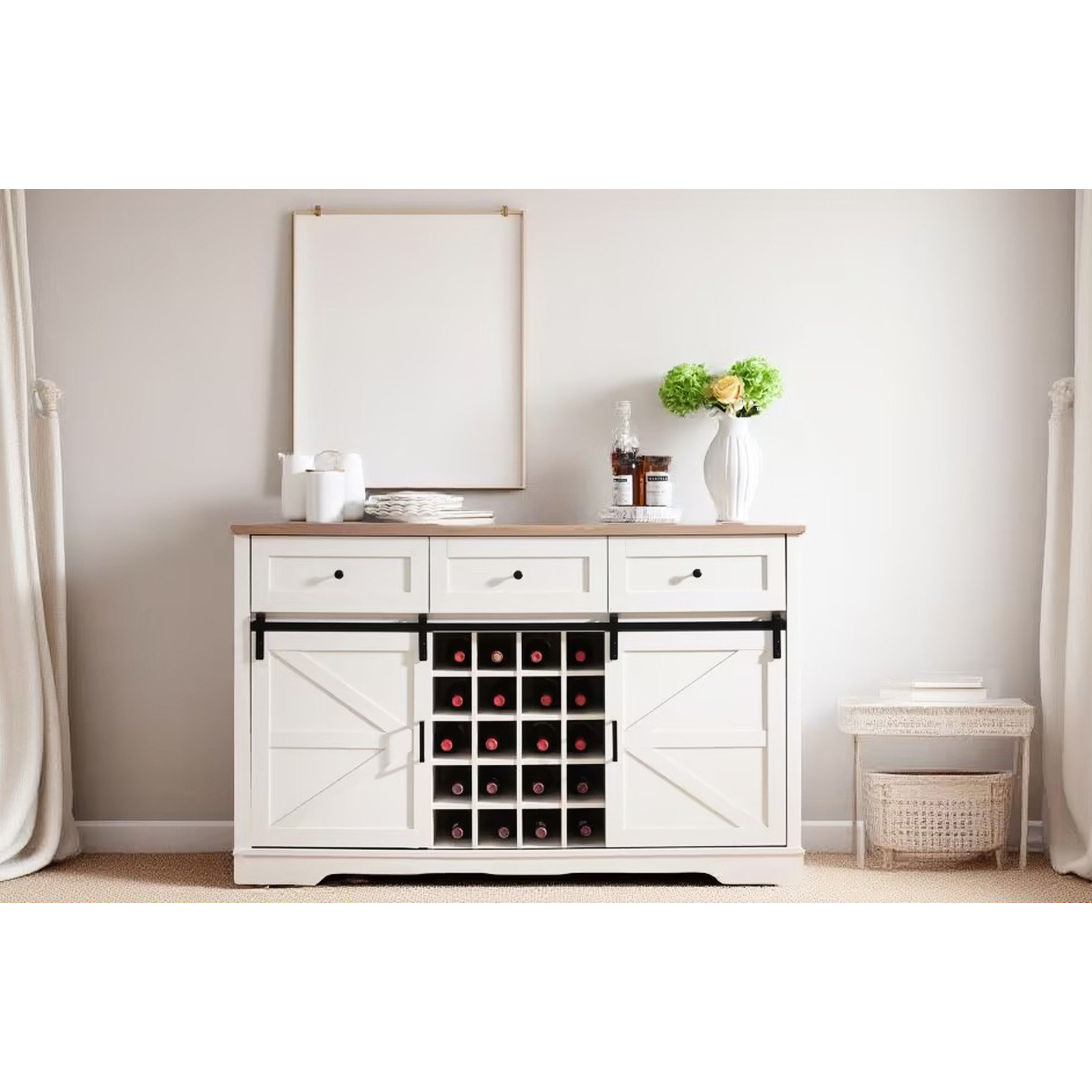 August Grove® Antique White Buffet Cabinet With Sliding Barn Door, 54 ...