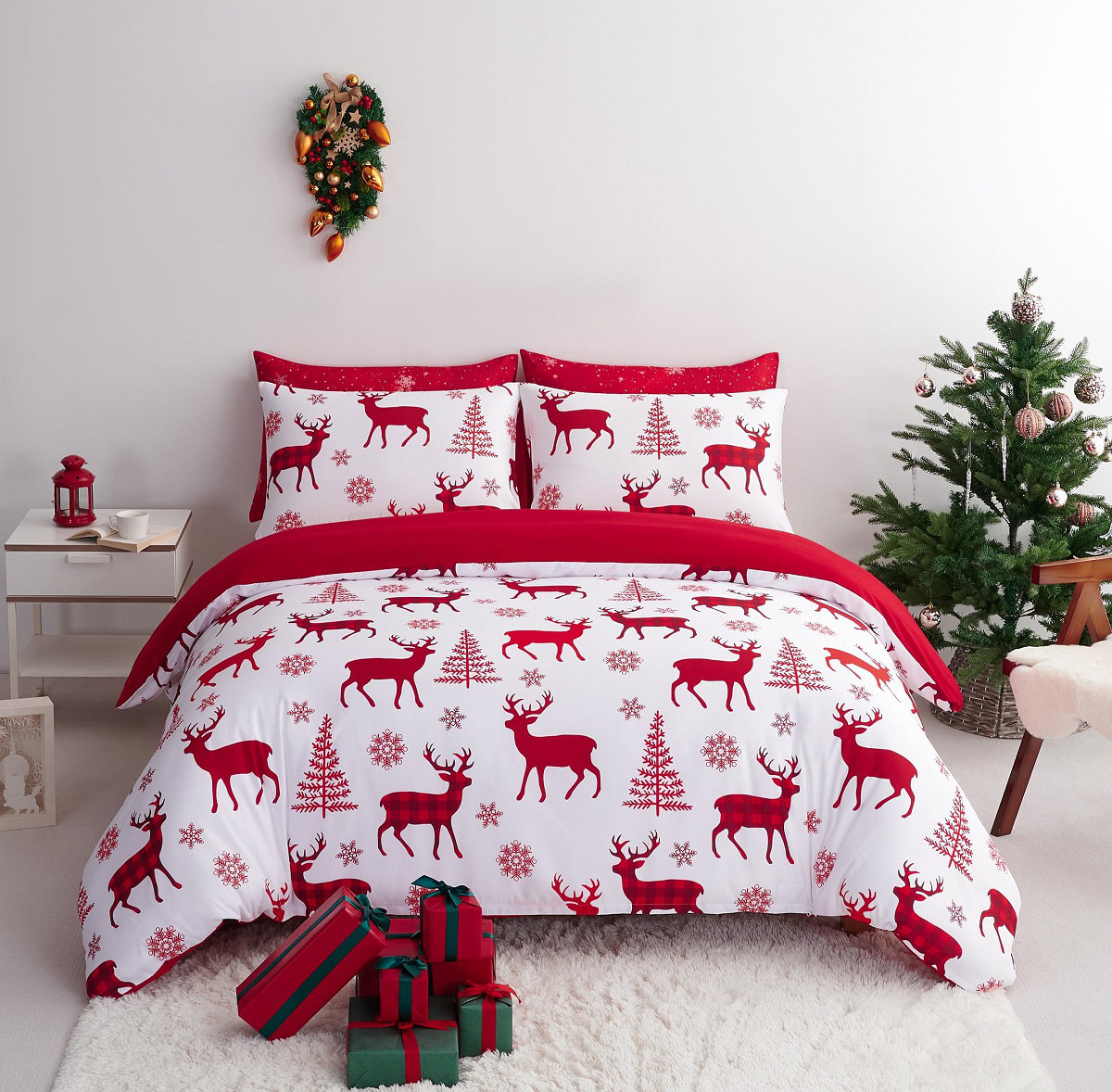 Nayoroom Christmas Duvet Cover Merry Christmas Elk Snowflake Tree Red ...