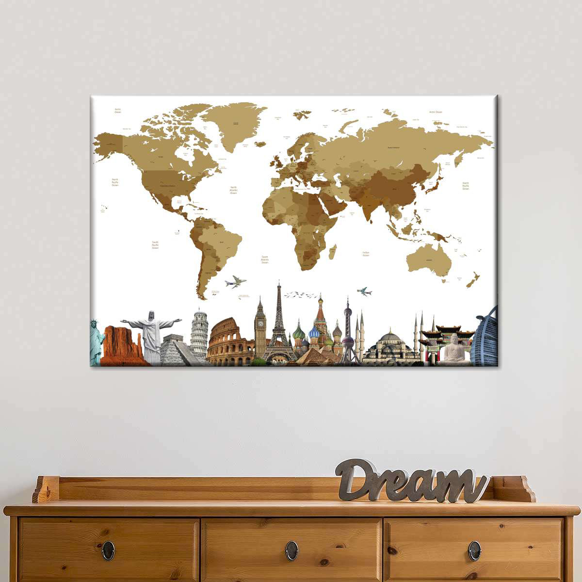 17 Stories World Map Bronze Modern World Map On Canvas 3 Pieces Set ...