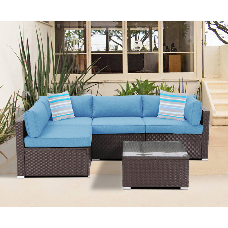 Orren Ellis Ahull 5 Piece Rattan Sectional Seating Group with Cushions ...