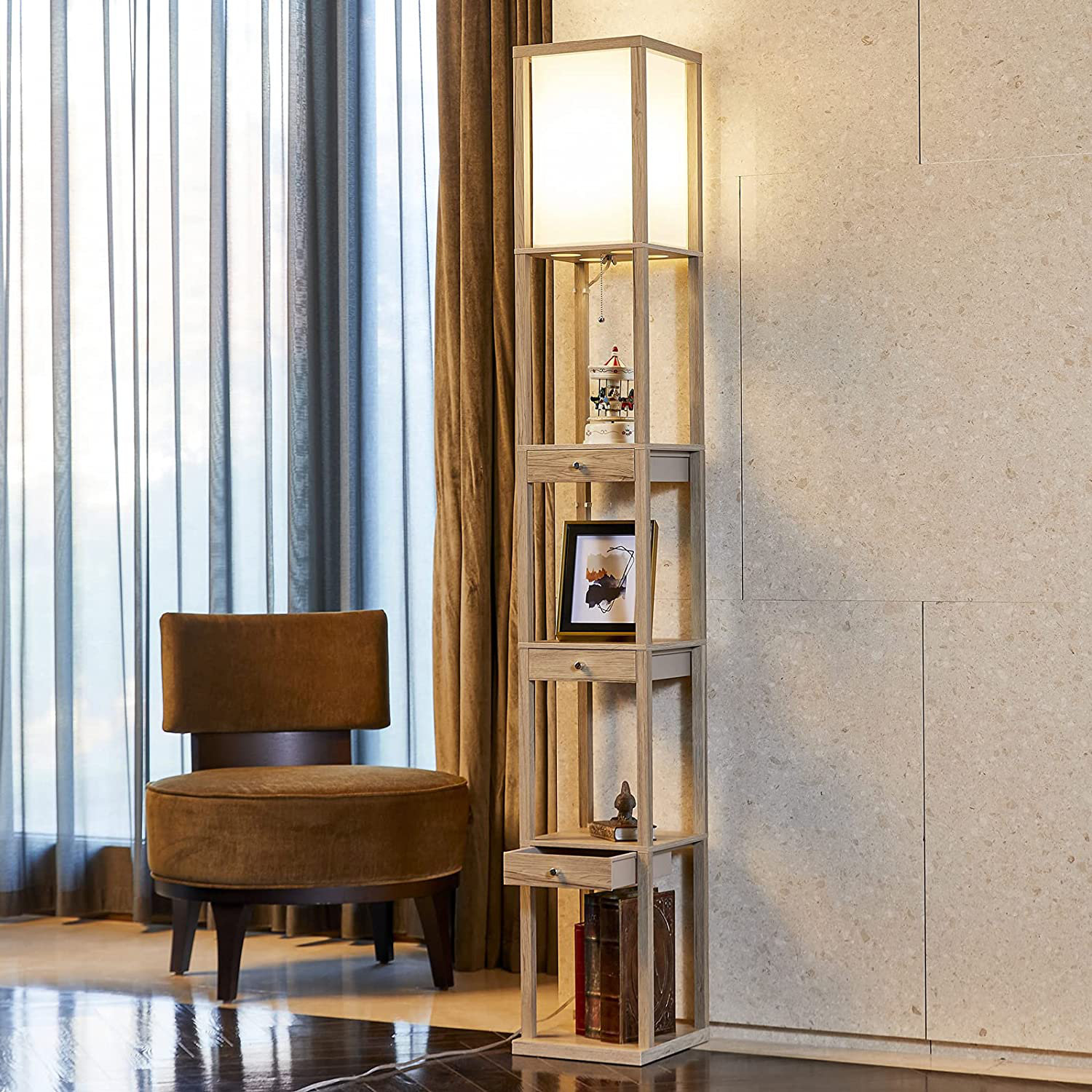 Latitude Run® 72" Column Floor Lamp With Shelves and 3 Drawers ...