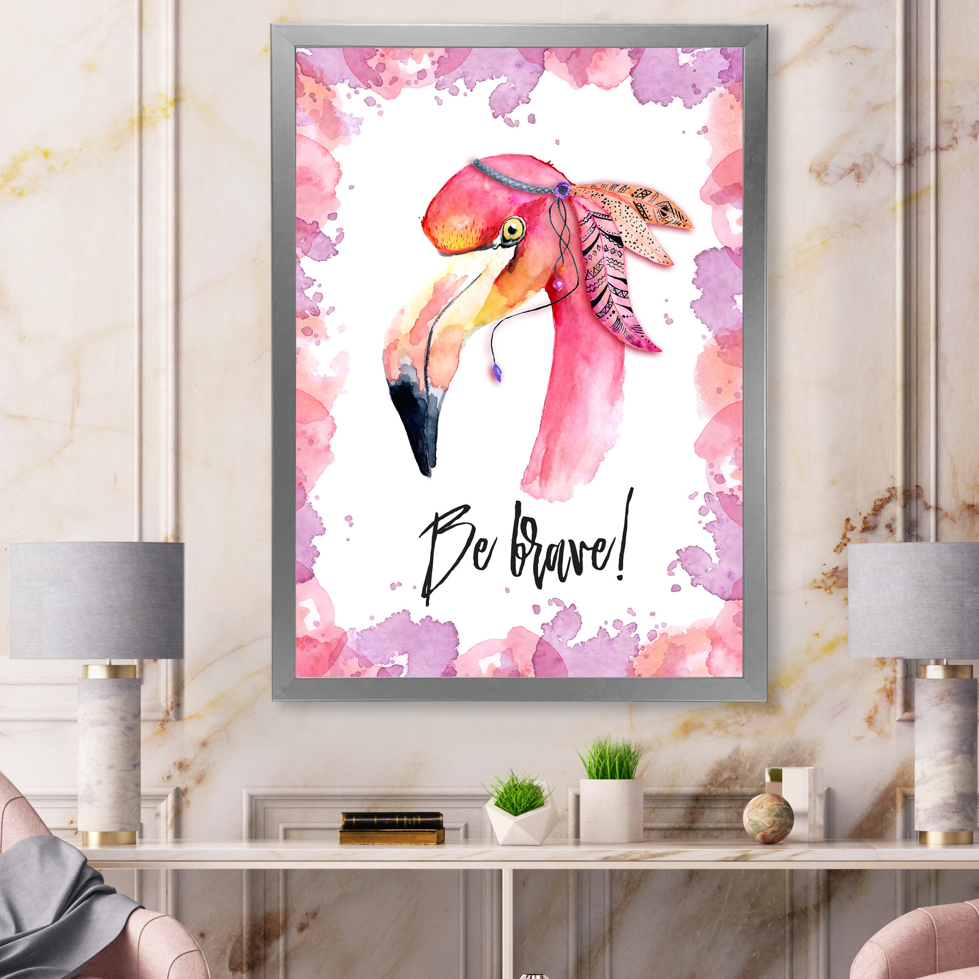 East Urban Home Be Brave Pink Flamingo With Feathers - Print on Canvas ...