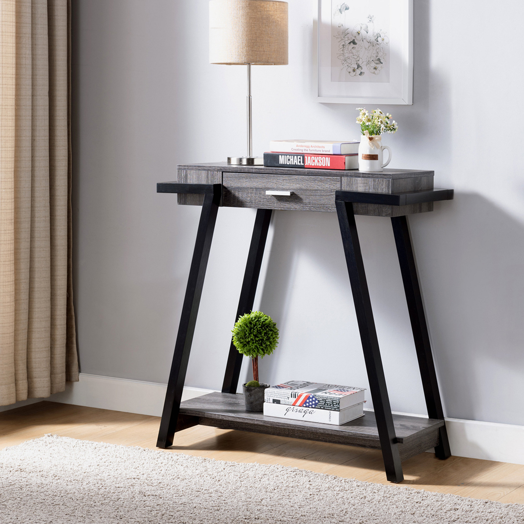 Ebern Designs Modern Hallway Display Table With Drawer & Bottom Shelve ...