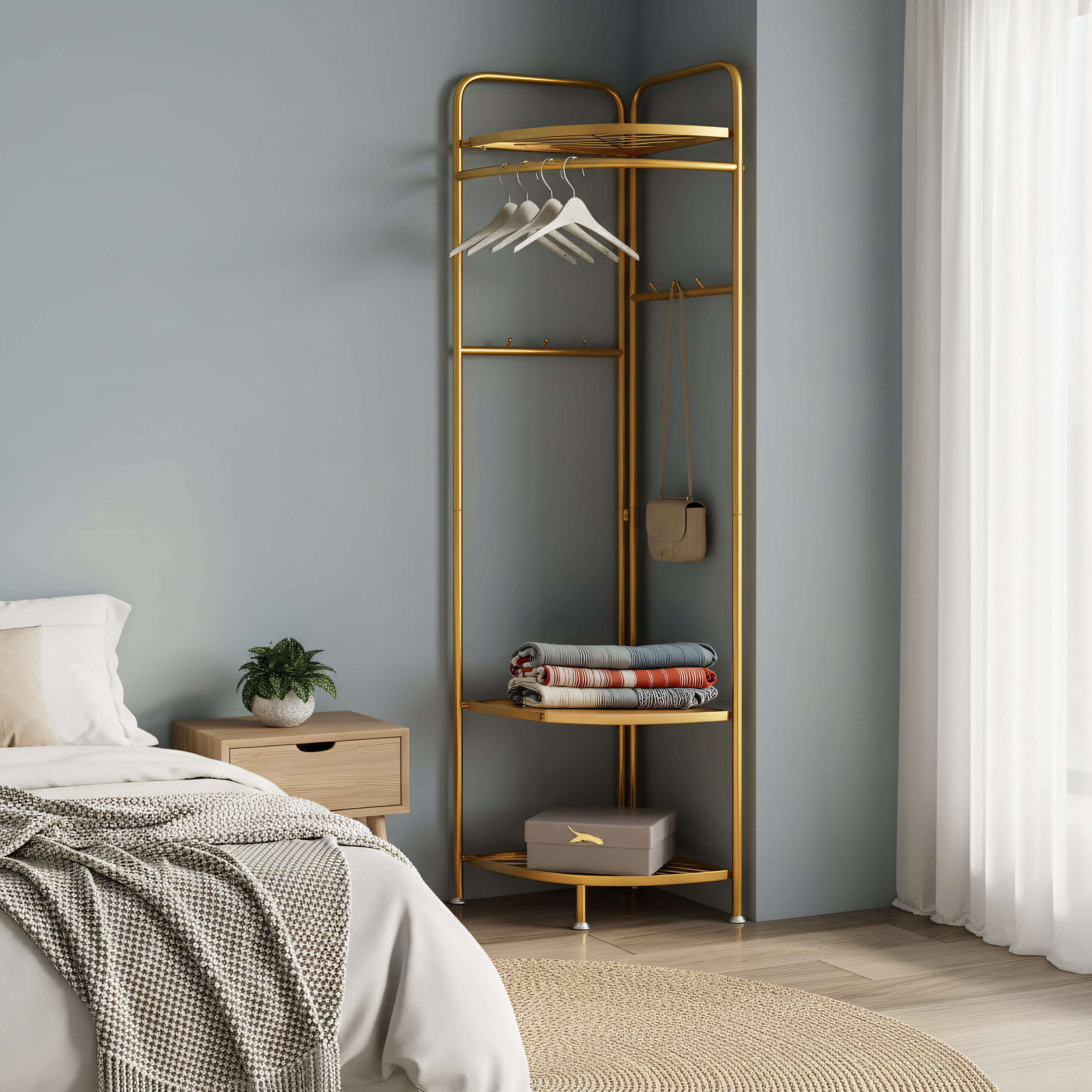 Latitude Run® Gold Corner Coat Rack, Metal, Freestanding, With 6 Hooks ...