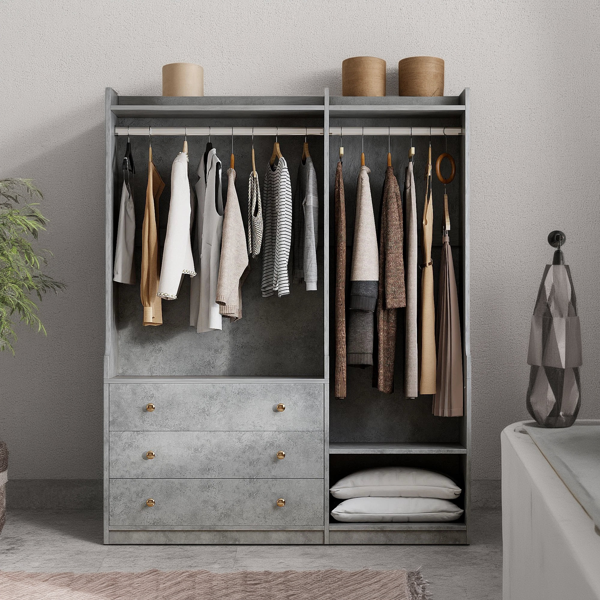 Ebern Designs Gray Open Wooden Wardrobe Adds Storage And Style To The ...