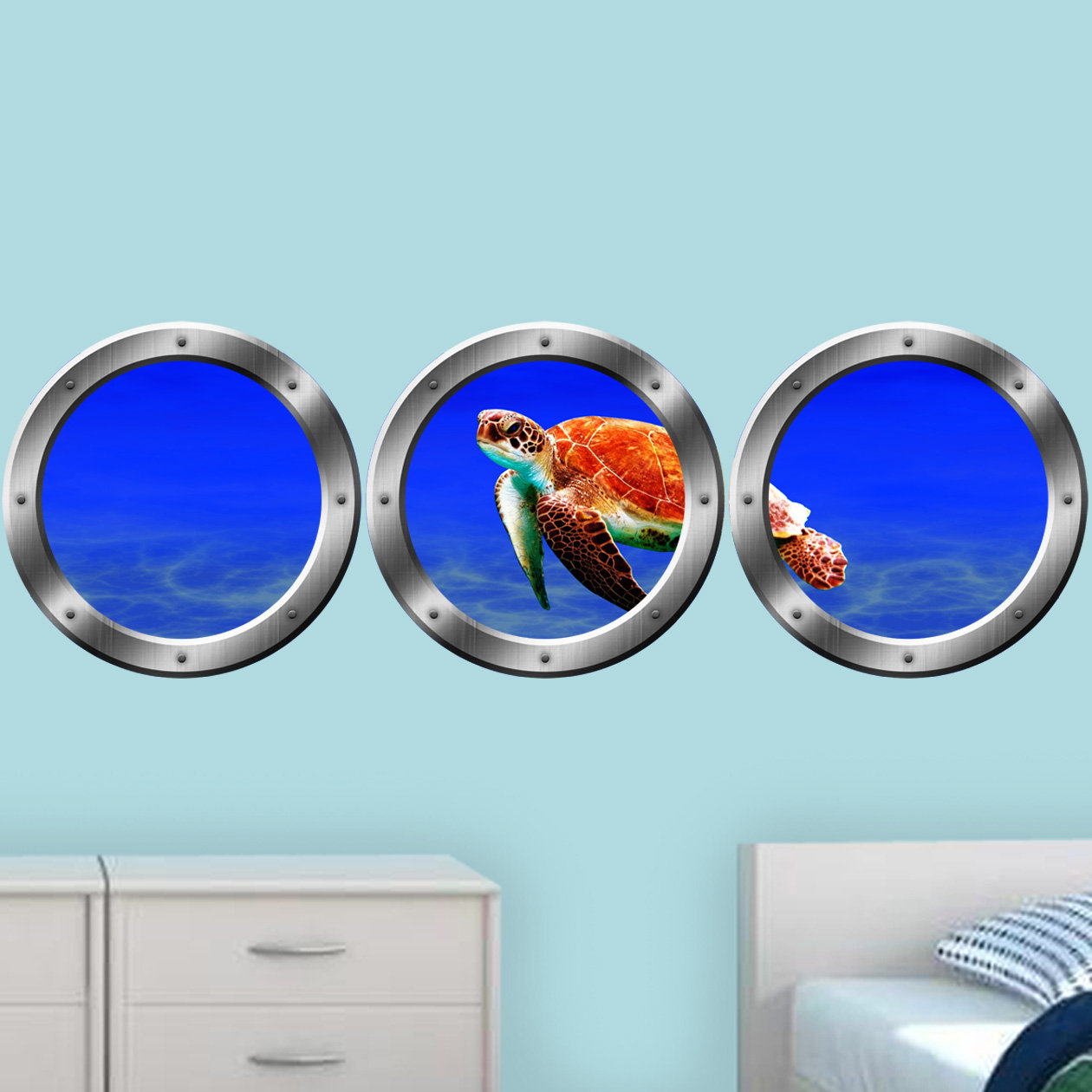 Bless international 3 Piece Ocean Porthole Sea Turtle Animals Submarine ...