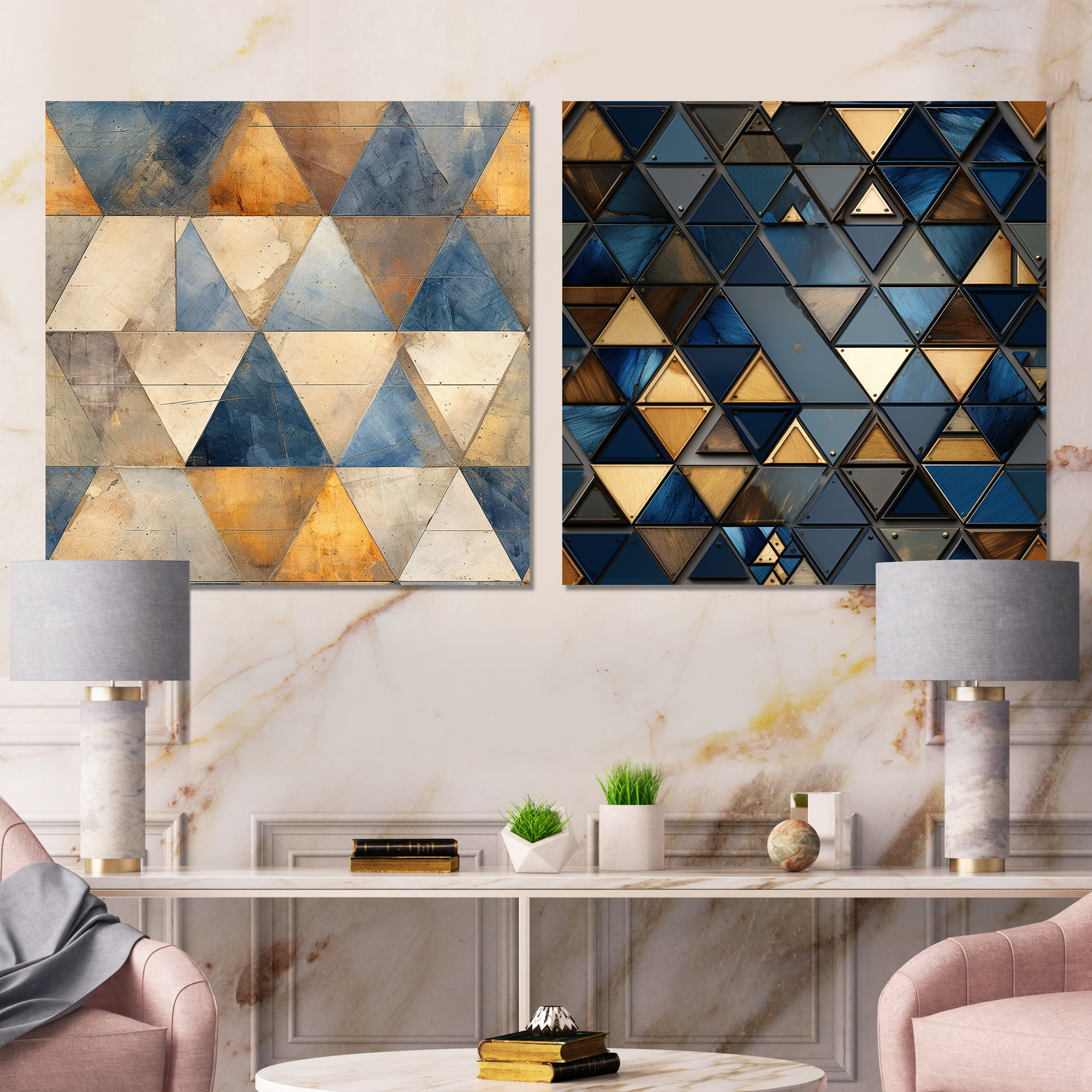 Design Art Beige And Blue Triangles Mosaic - Abstract Shapes Metal Wall ...
