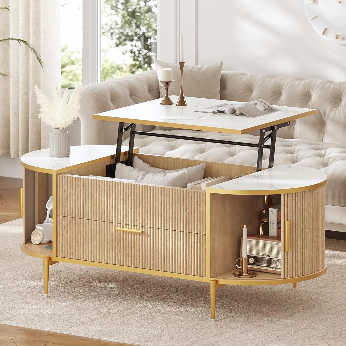 Sedeta Modern Luxury Fluted Lift Top Coffee Table, Oval Coffee Table ...