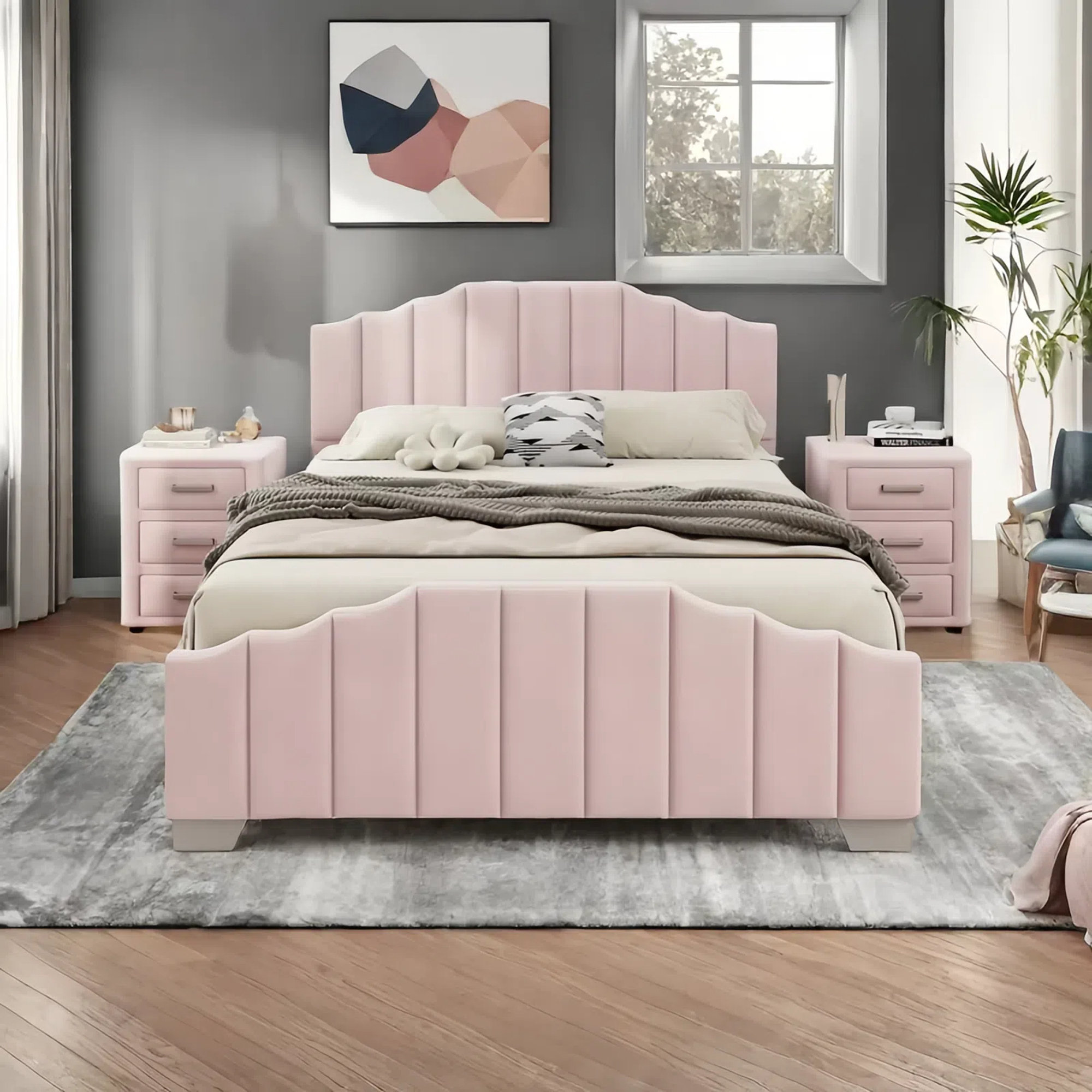 Mercer41 3 Pieces Bedroom Sets Upholstered Platform Bed Vertical ...