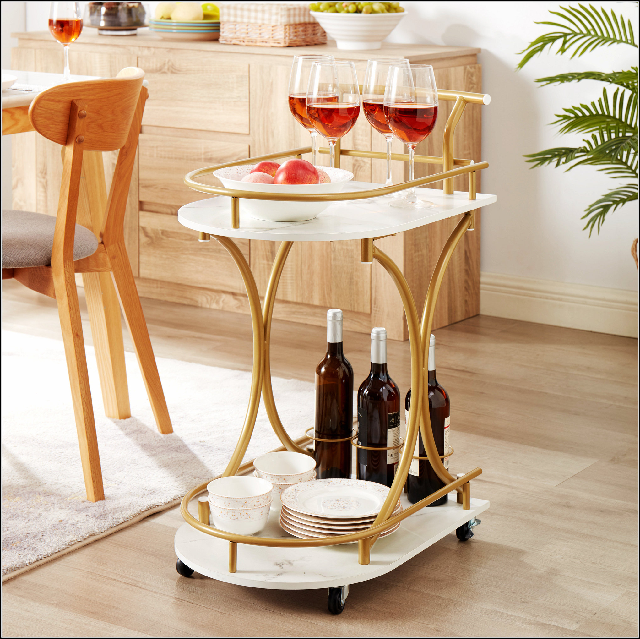 Mercer41 2-Tier Bar Cart, Slide Bar Serving Cart, Retro Style Wine Cart ...