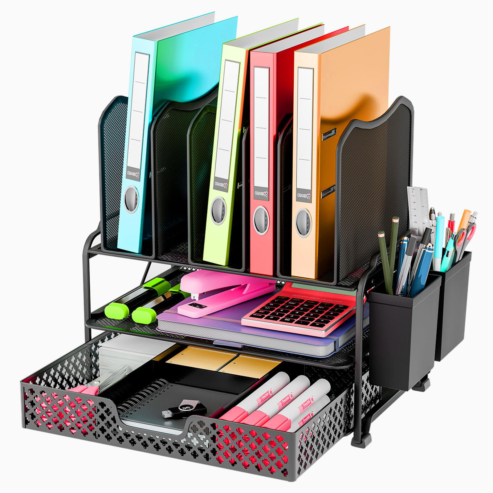 Inbox Zero Desk File Organizer With Sliding Drawer, Metal Mesh Double ...