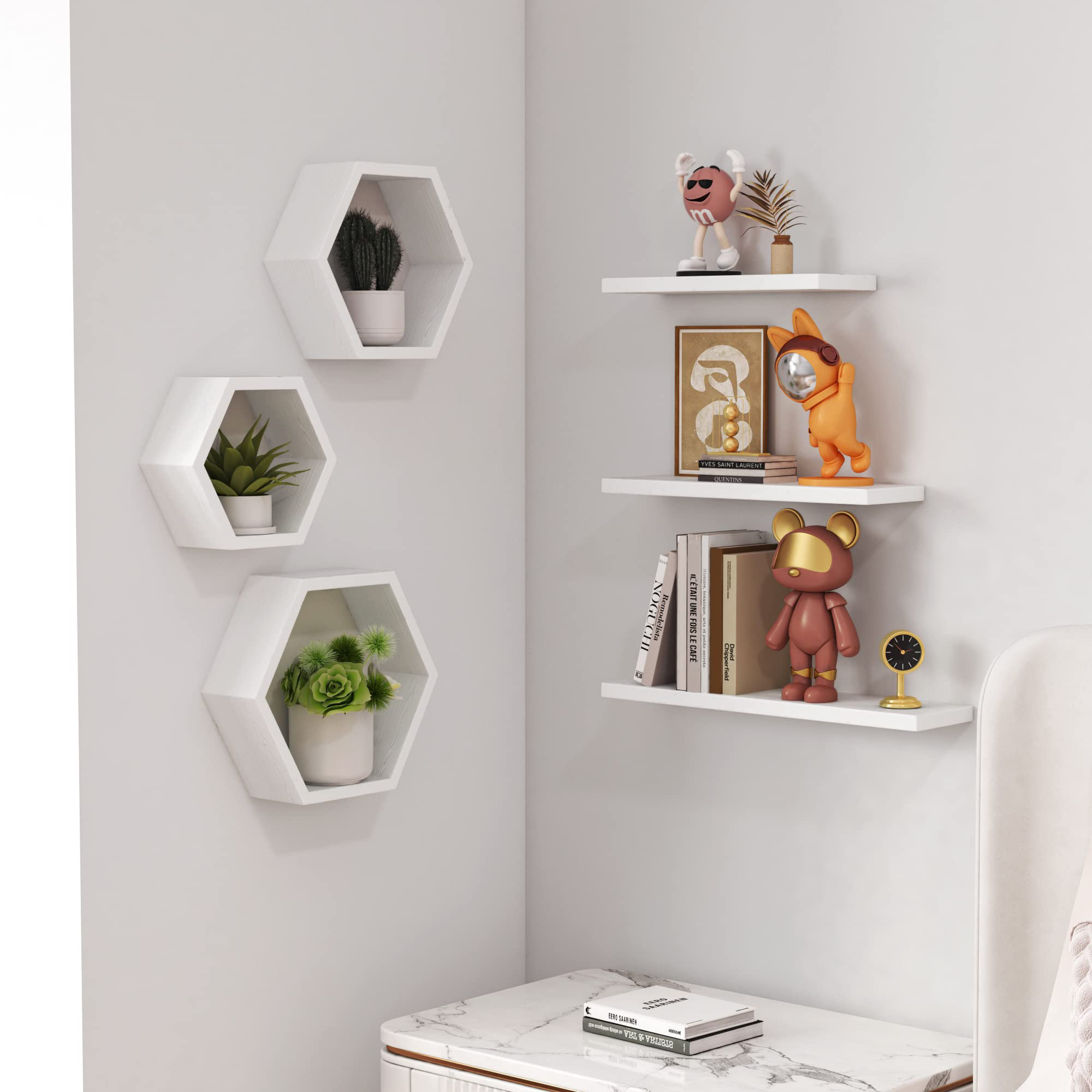 Latitude Run® Wooden Hexagon Floating Shelves Wall Mounted - Set of 6 ...