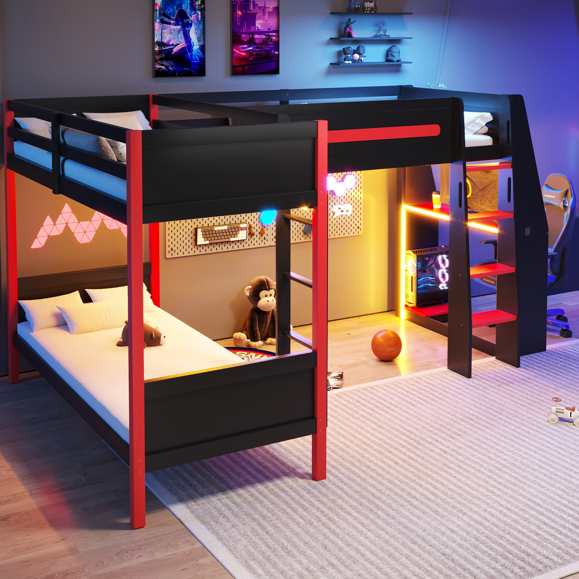 Wrought Studio™ L-Shaped Twin Bunk Bed with Gaming Loft, Built-in Desk ...