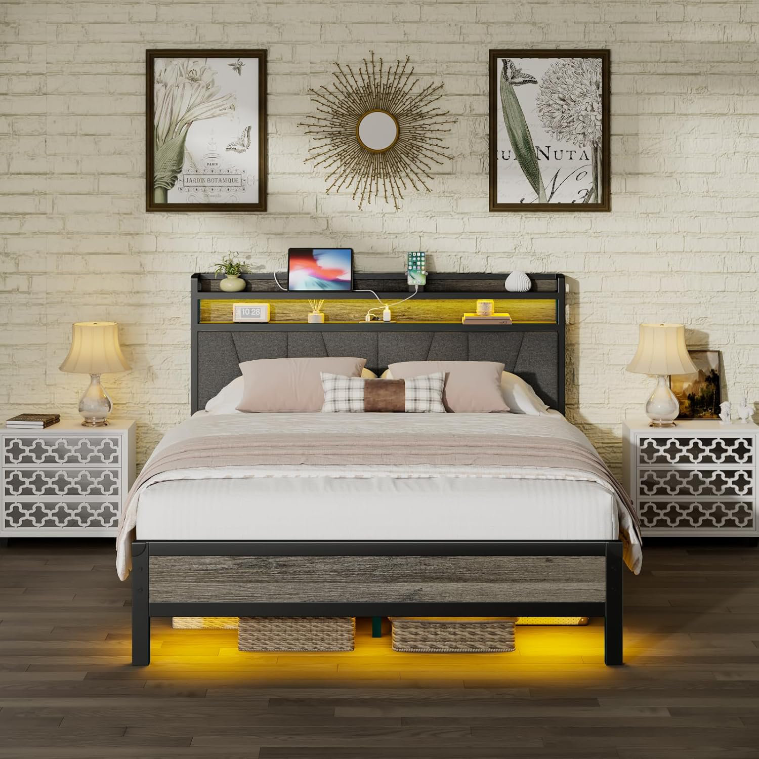 Wrought Studio™ Upholstered Metal Bed Frame With Led Lights & Charging ...