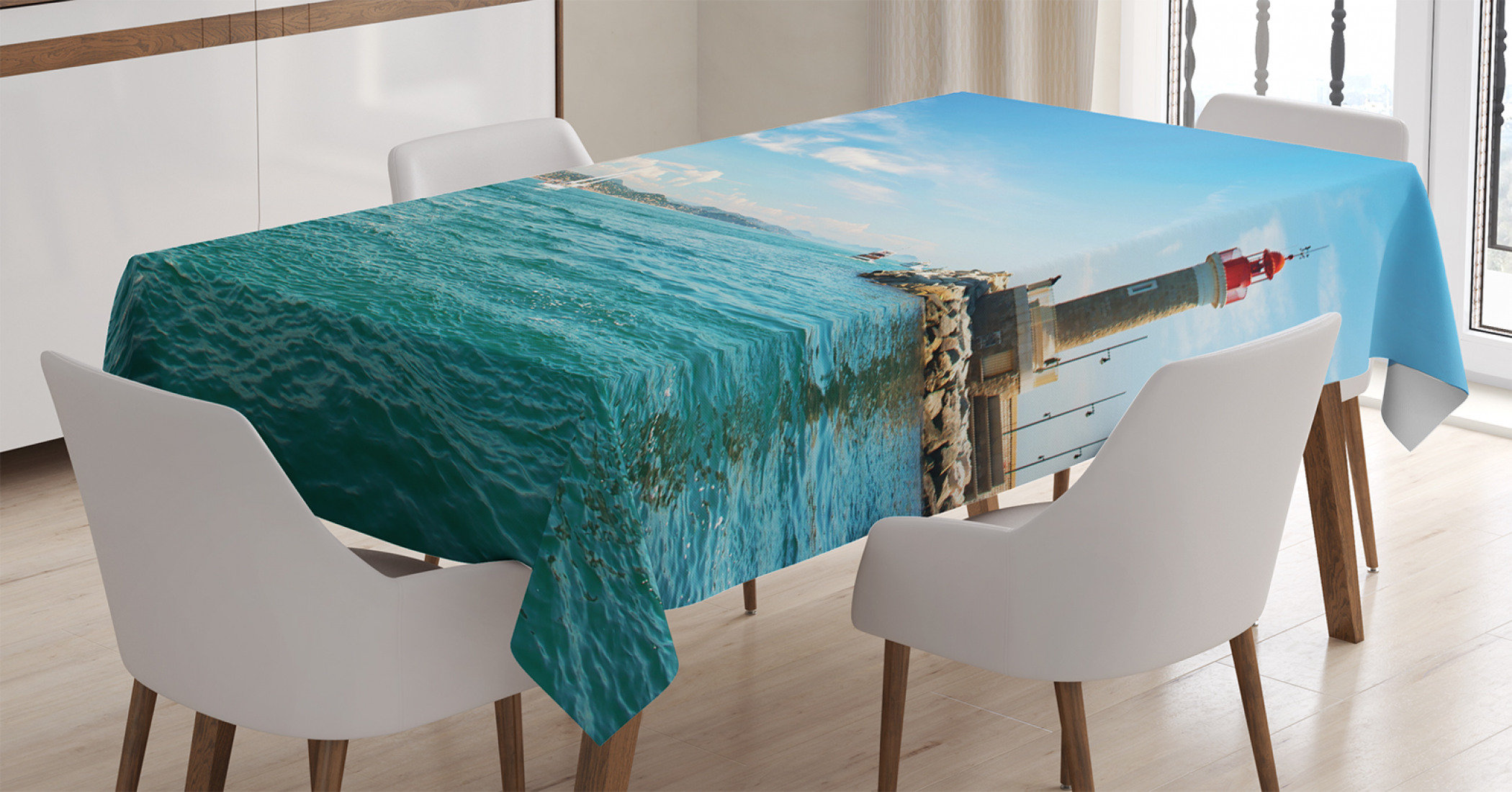 East Urban Home Lighthouse Tablecloth, Day By The Seaside Sailboats ...