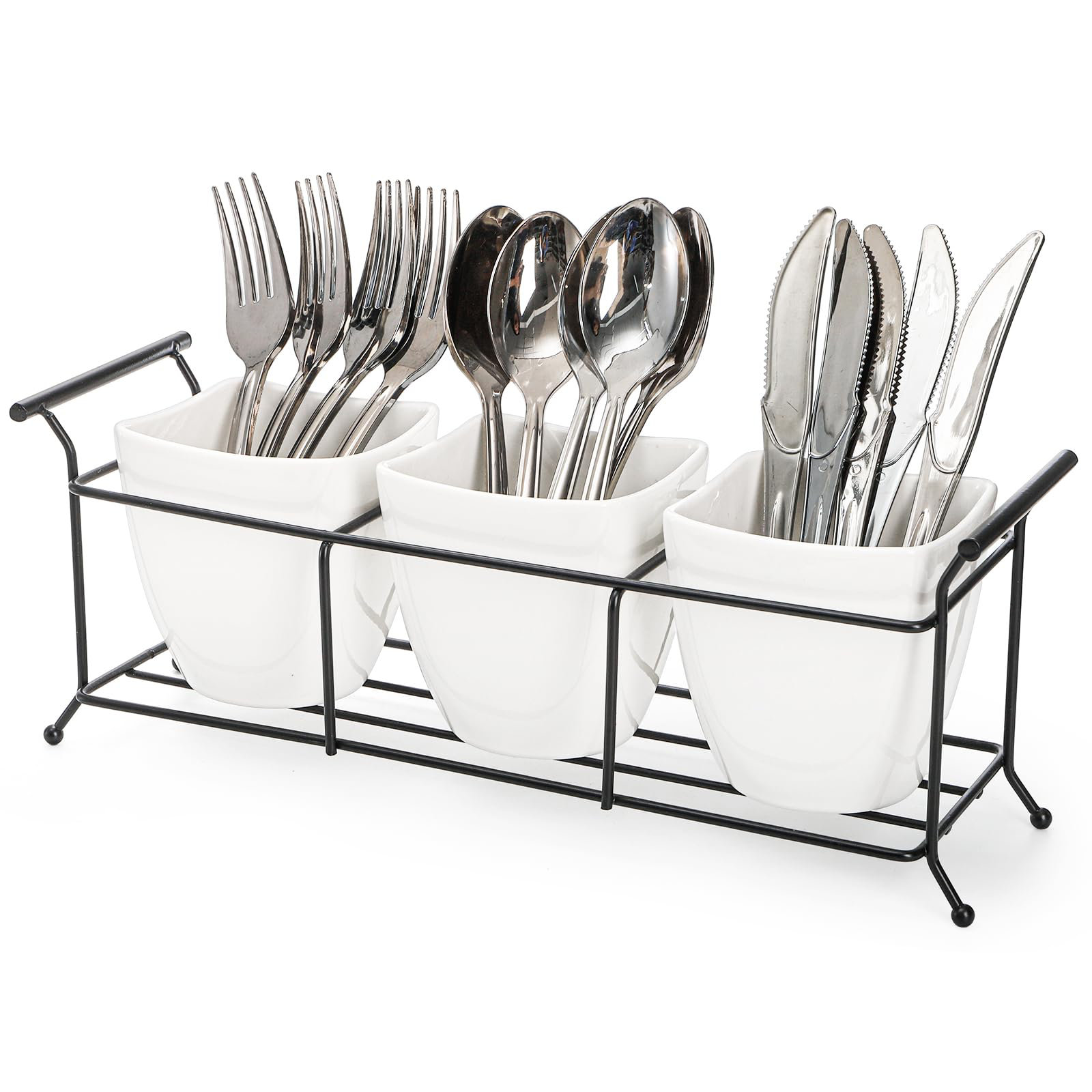 Hokku Designs 3-Piece Ceramic Flatware Caddy With Metal Rack, Utensil ...