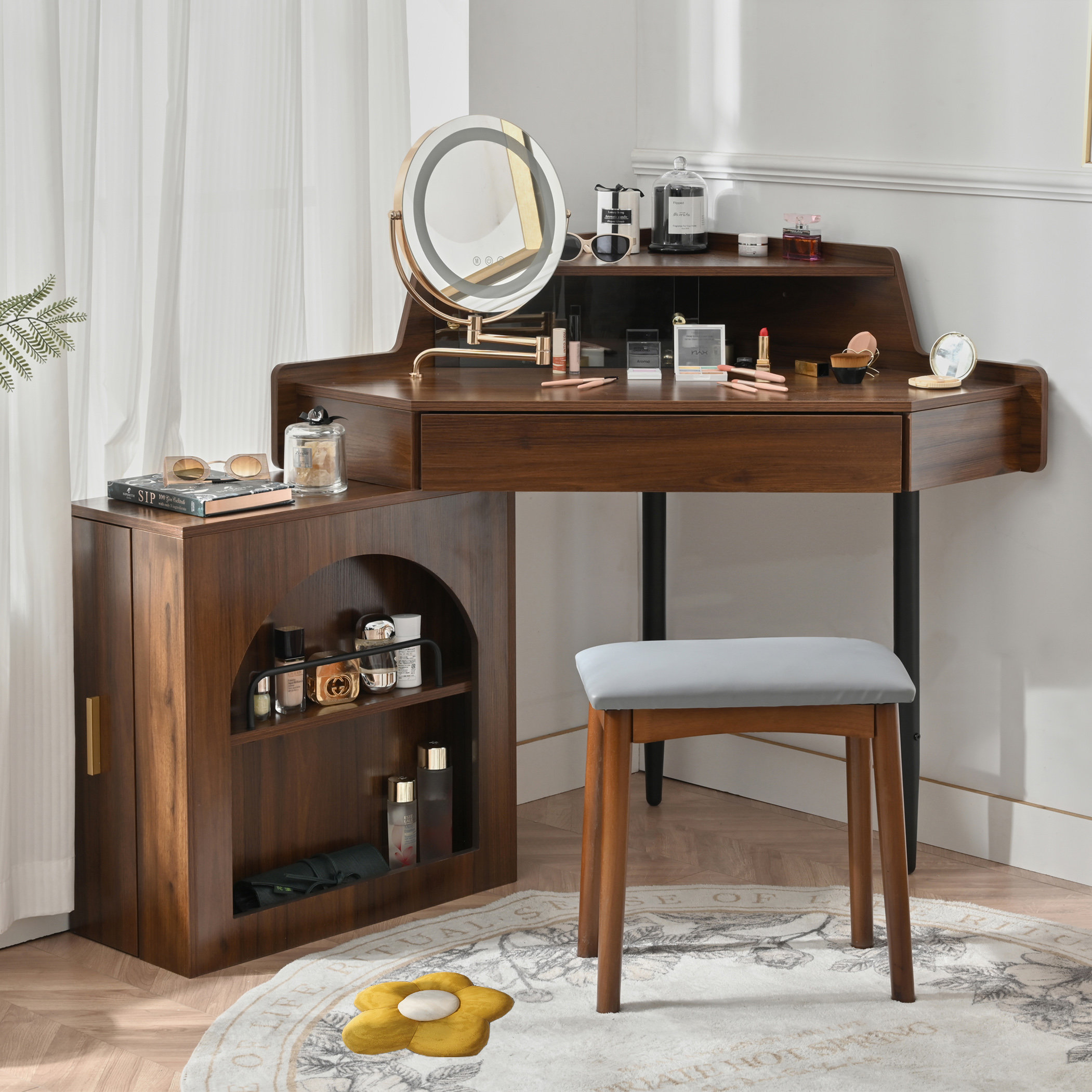Corrigan Studio® Modern Corner Makeup Vanity Desk Set With Mirror And ...