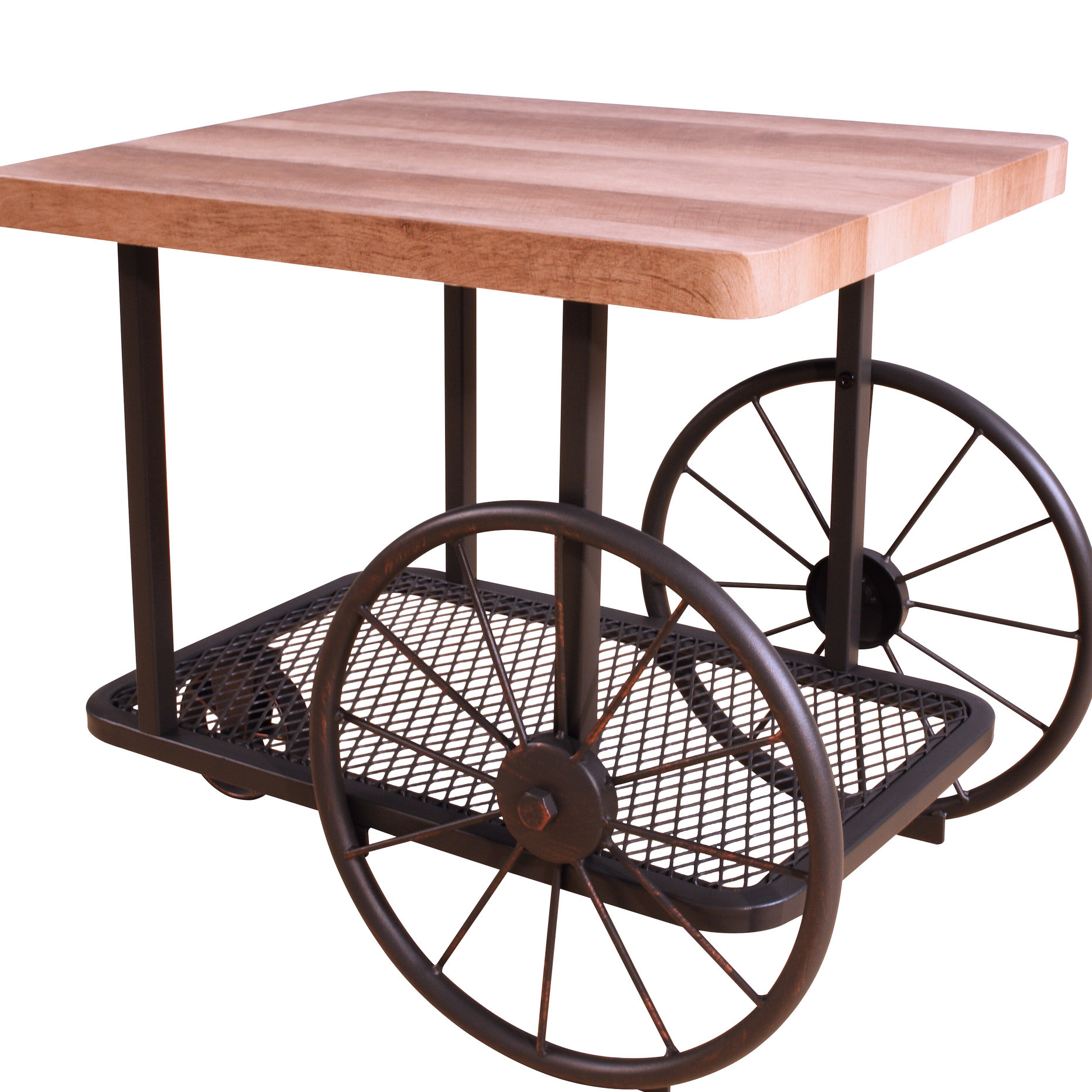 17 Stories Rectangular End Table Of Oak With Shelf Industrial Wheels ...