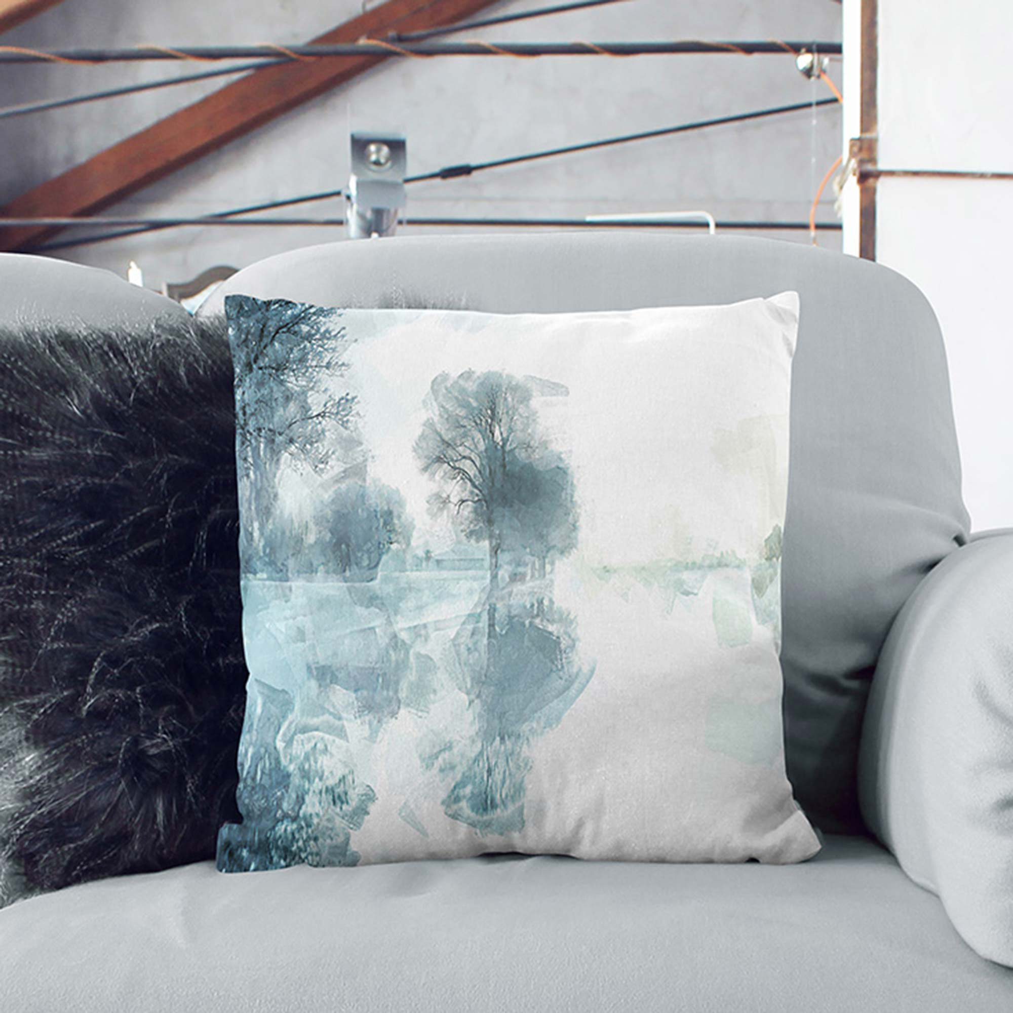 East Urban Home Trees Reflecting in a Lake at Winter Cushion with ...