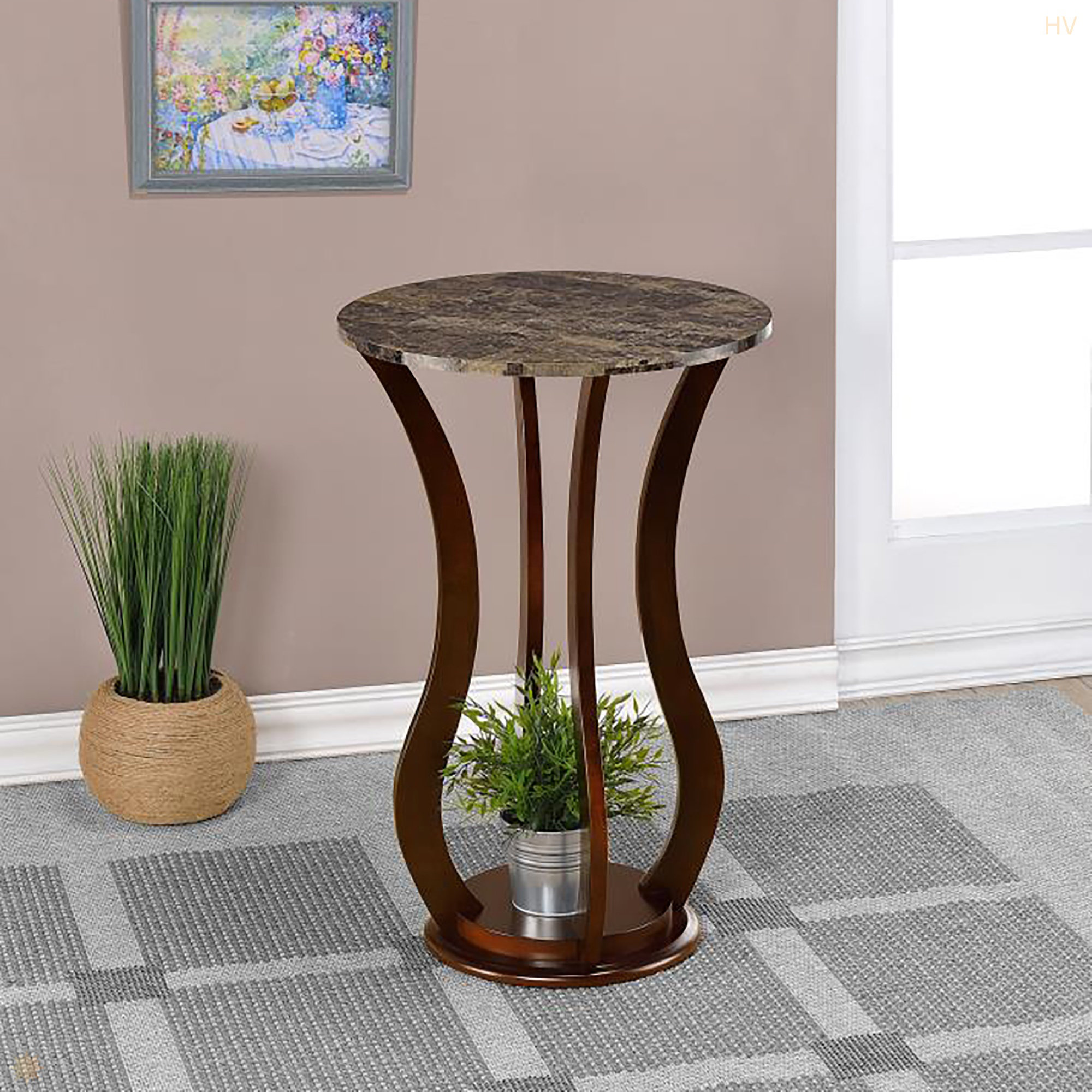 Winston Porter Brown Round Accent Table With Faux Marble Top | Wayfair