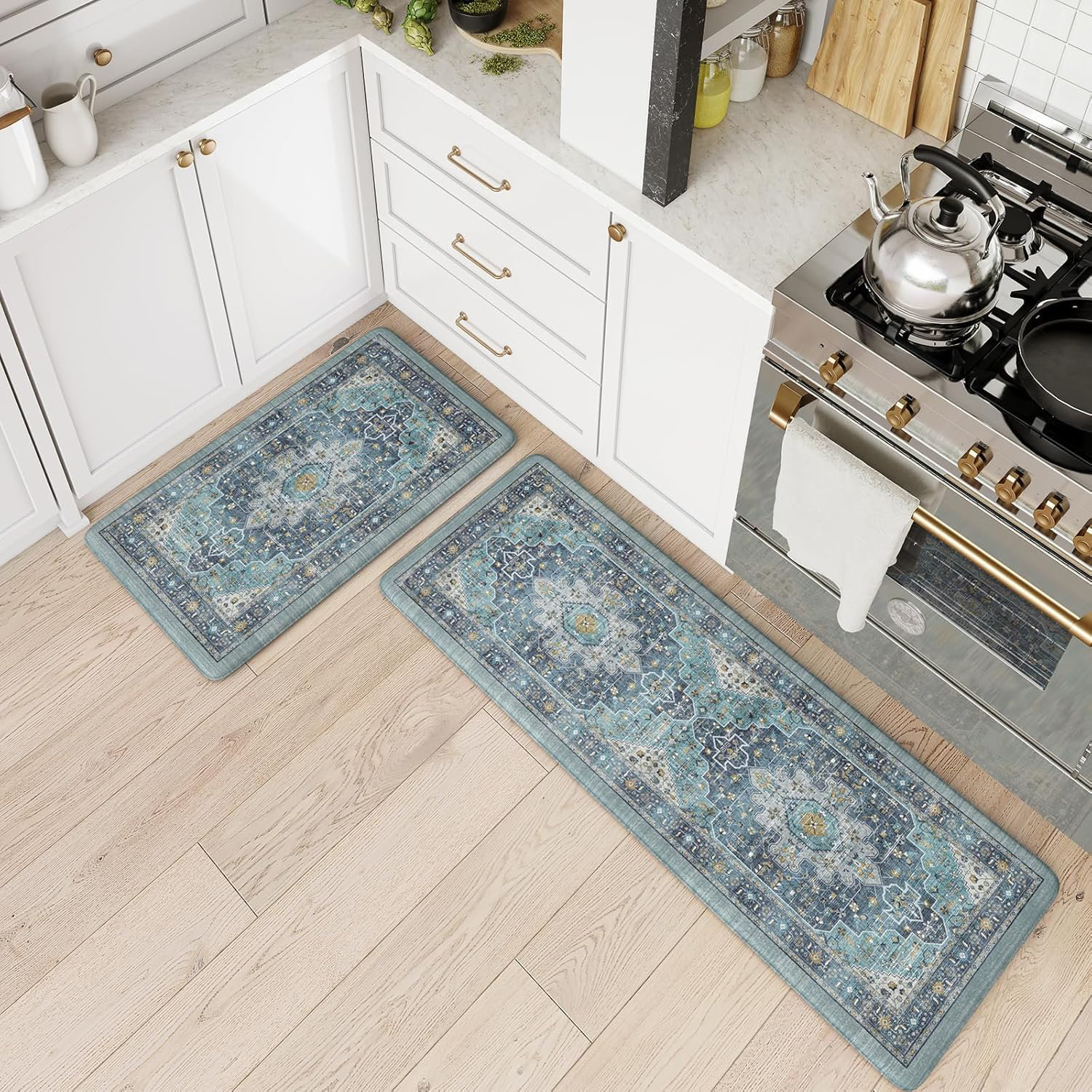 Bungalow Rose Kitchen Mats For Floor Non-Slip, Blue Cushioned Anti ...
