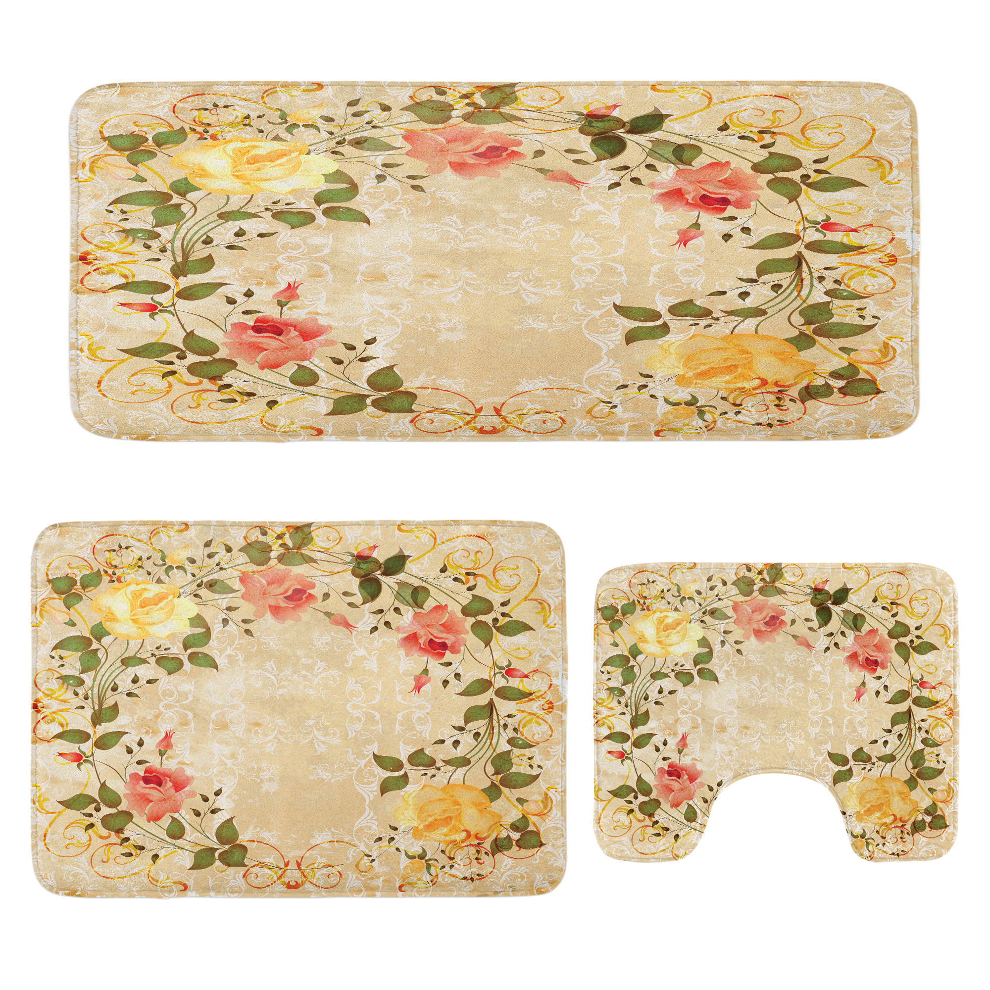 Astoria Grand Floral Bathroom Rug Set 3 Pieces U-Shape & Rectangle Mats ...