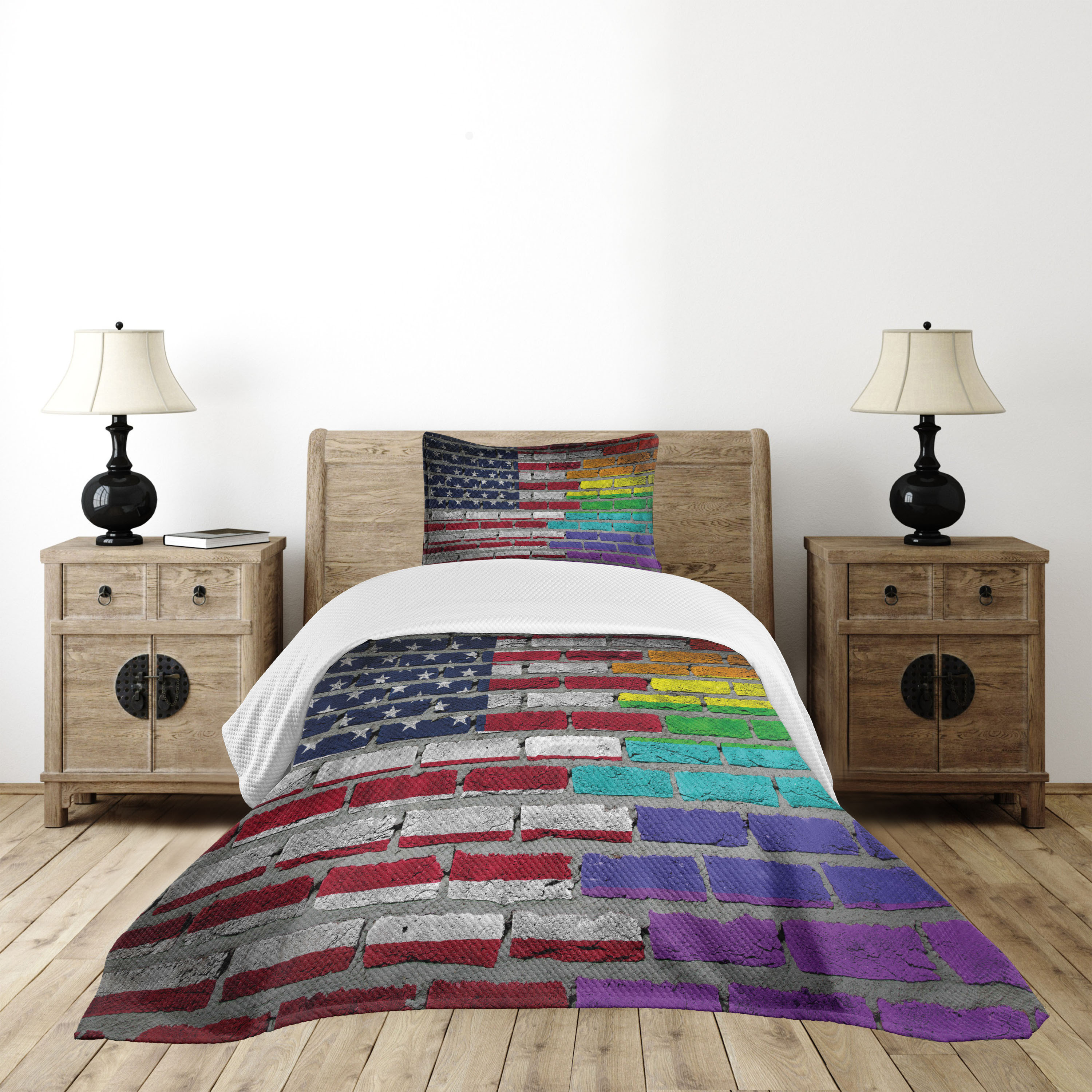 Ambesonne American Flag Bedspread Set 2 Pcs Brick Wall Pride Twin ...