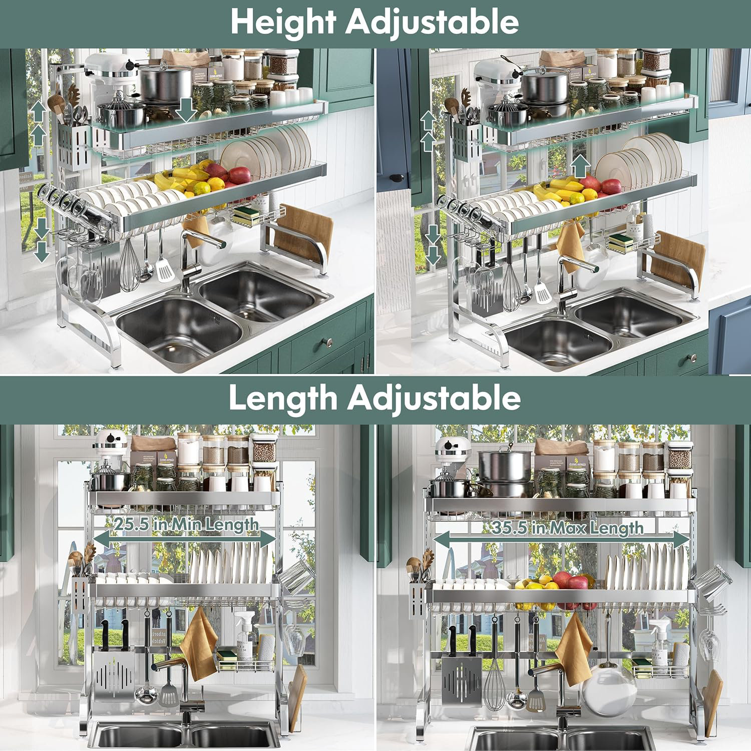 INKEDZ Over The Sink Dish Drainer Drying Rack, Adjustable (25.5"-35.5 ...