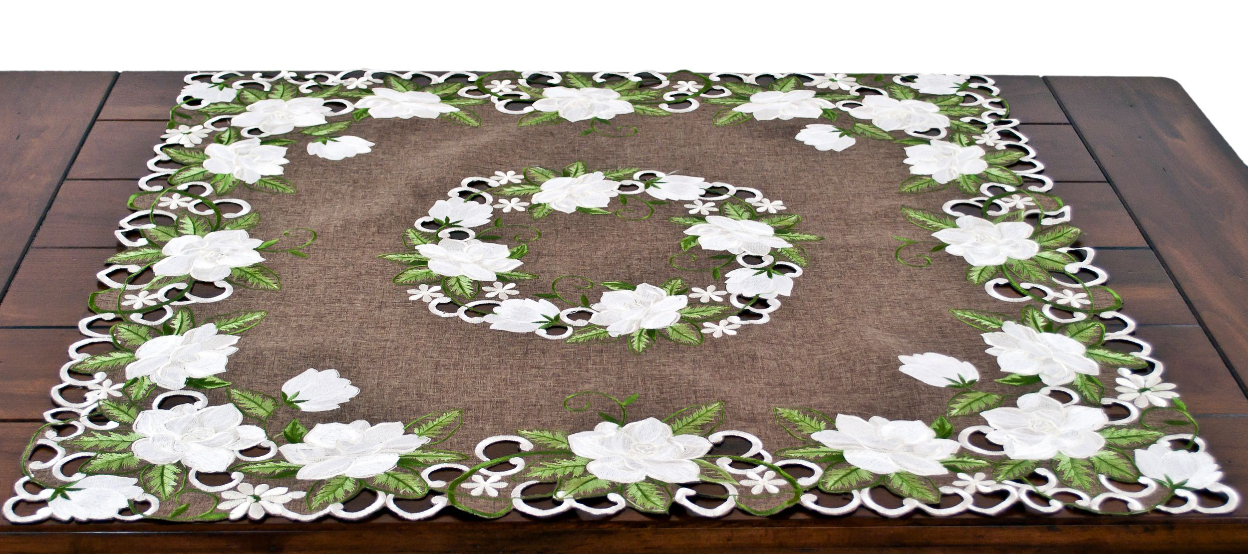 Linens, Art and Things LLC Magnolia on Brown Table Topper (23" RD/ 33 ...