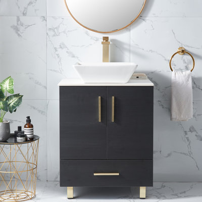 Mercer41 Nicson 24" Black Modern Vessel Single Bathroom Vanity with ...