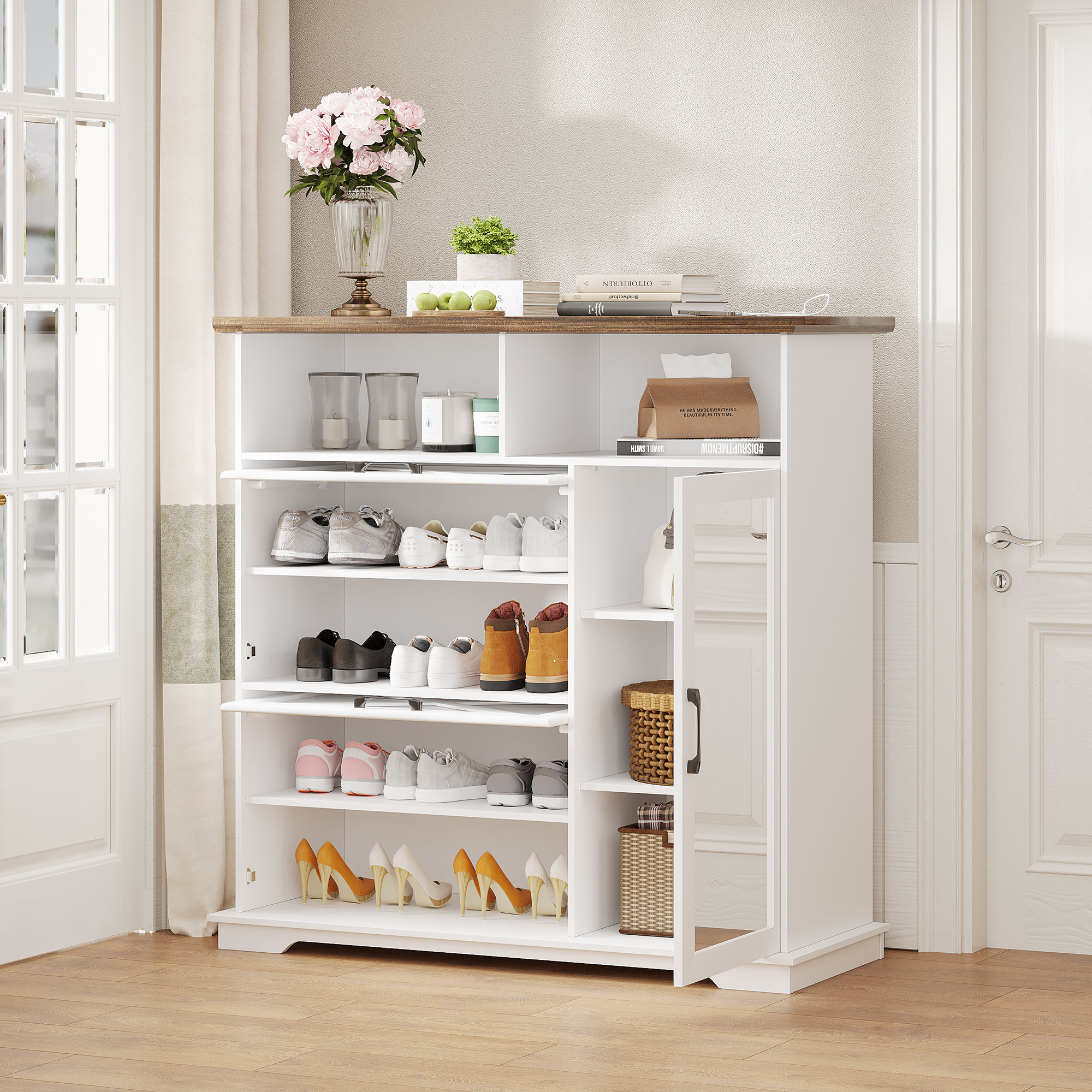 Orren Ellis 16 Pair Shoes Storage Cabinet, Entryway Shoe Cabinet with ...