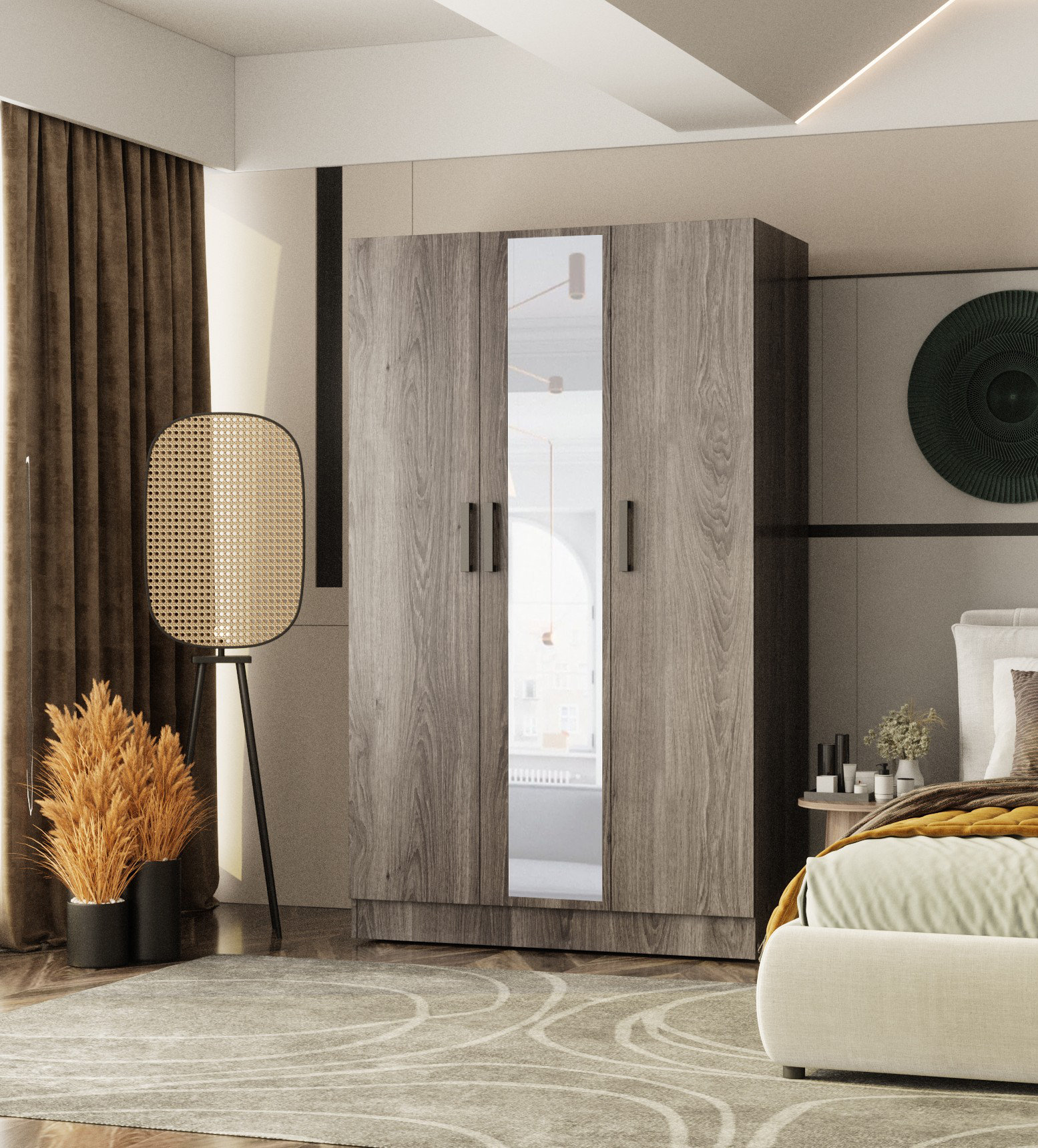 Ebern Designs Armoire With 3 Doors With Ample Storage 1 Mirrored Door ...