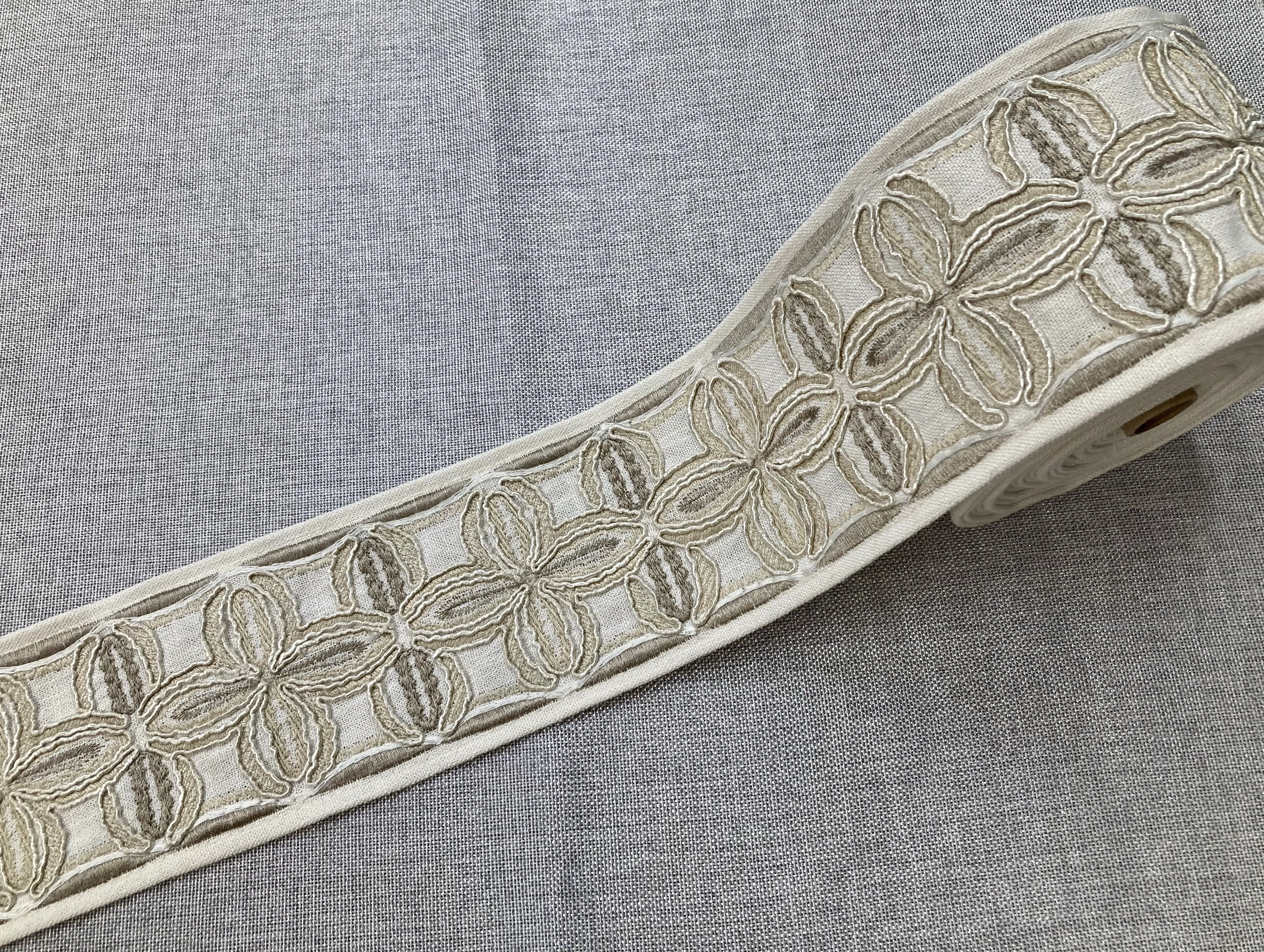 Rose Lace And Braid Woven Embroidery Faux Linen Fabric Tape 4" Width ...