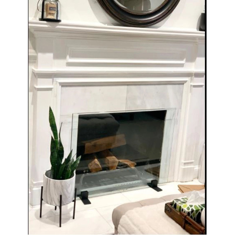 AMS Fireplace Modern Free Standing Clear Glass Fireplace Screen with ...