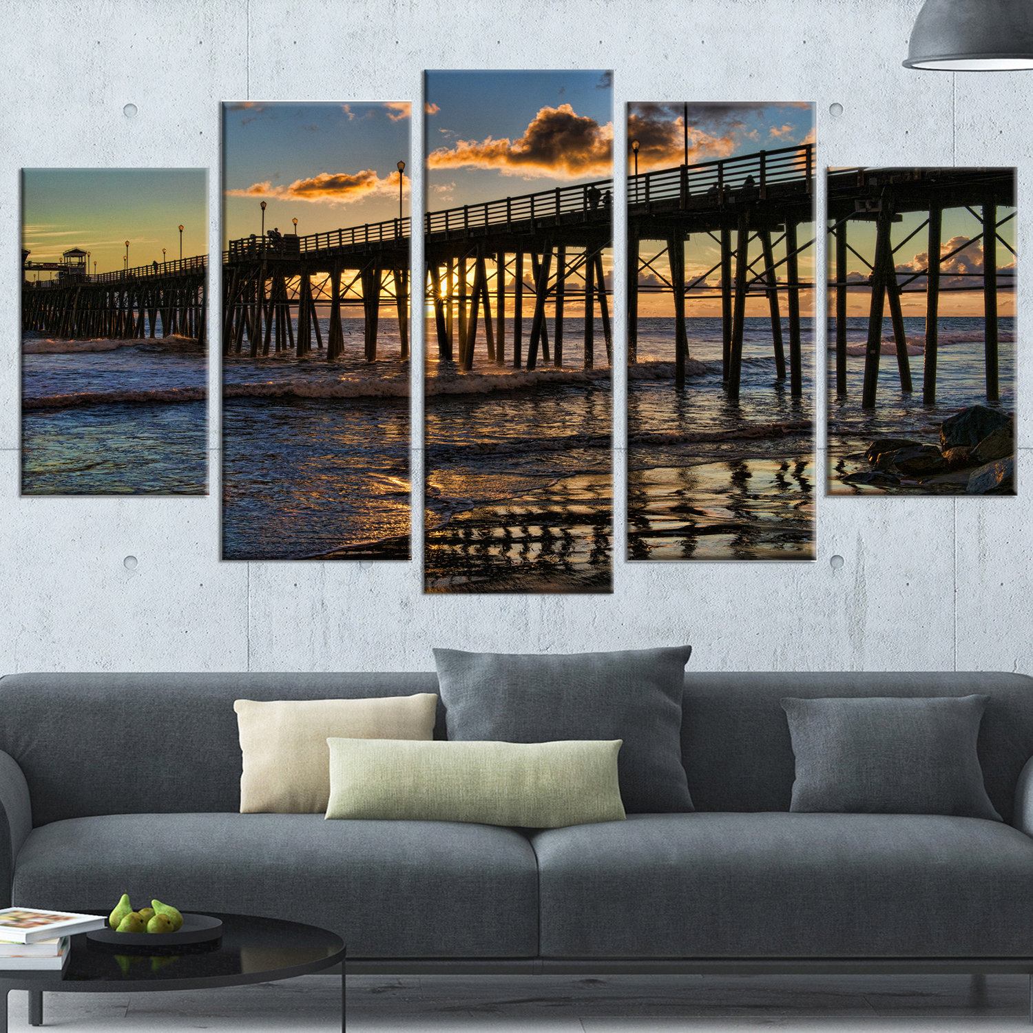 Design Art 'Pacific Ocean Sunset Oceanside Pier' 5 Piece Photographic ...