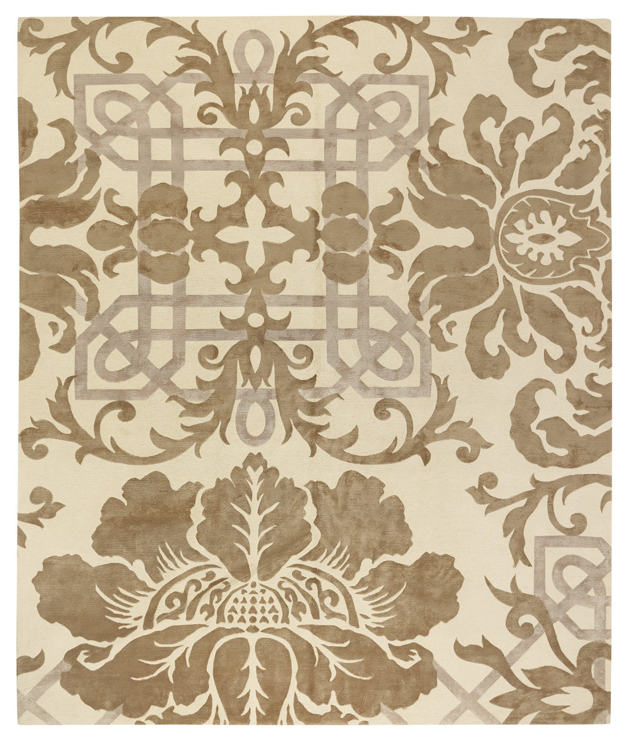 Tufenkian Brocade Floral Hand-Knotted Wool/Silk Beige/Neutral/Gray Area ...