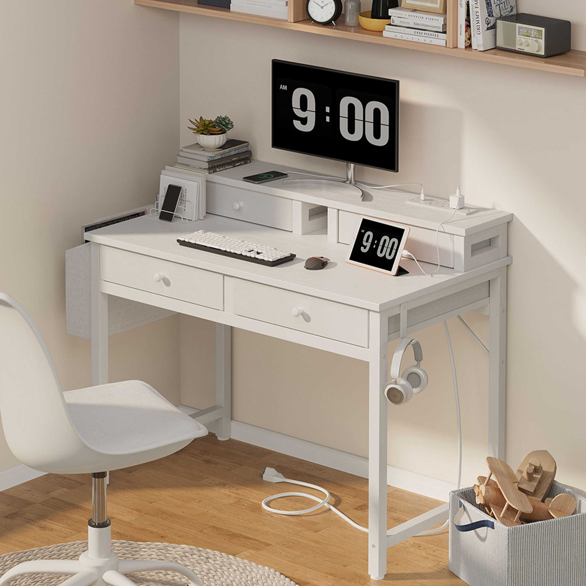 Ebern Designs Small Computer Desk With Drawers & Monitor Stand Charging ...