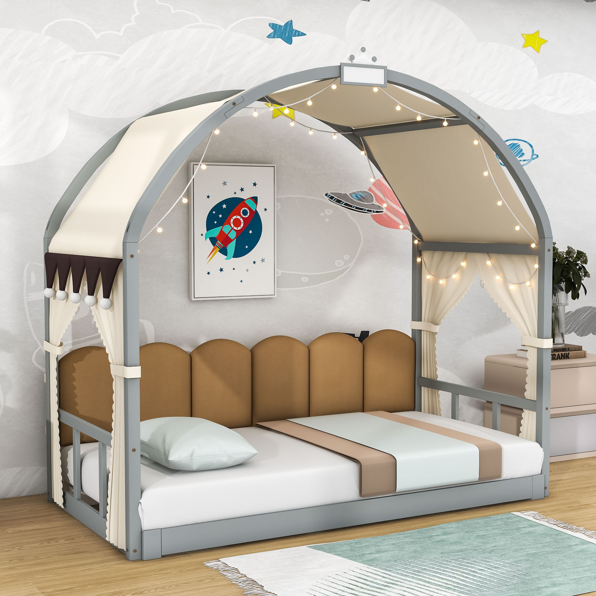 Lark Manor™ Twin Wooden Canopy Bed with Integrated Tent, Light Strip ...