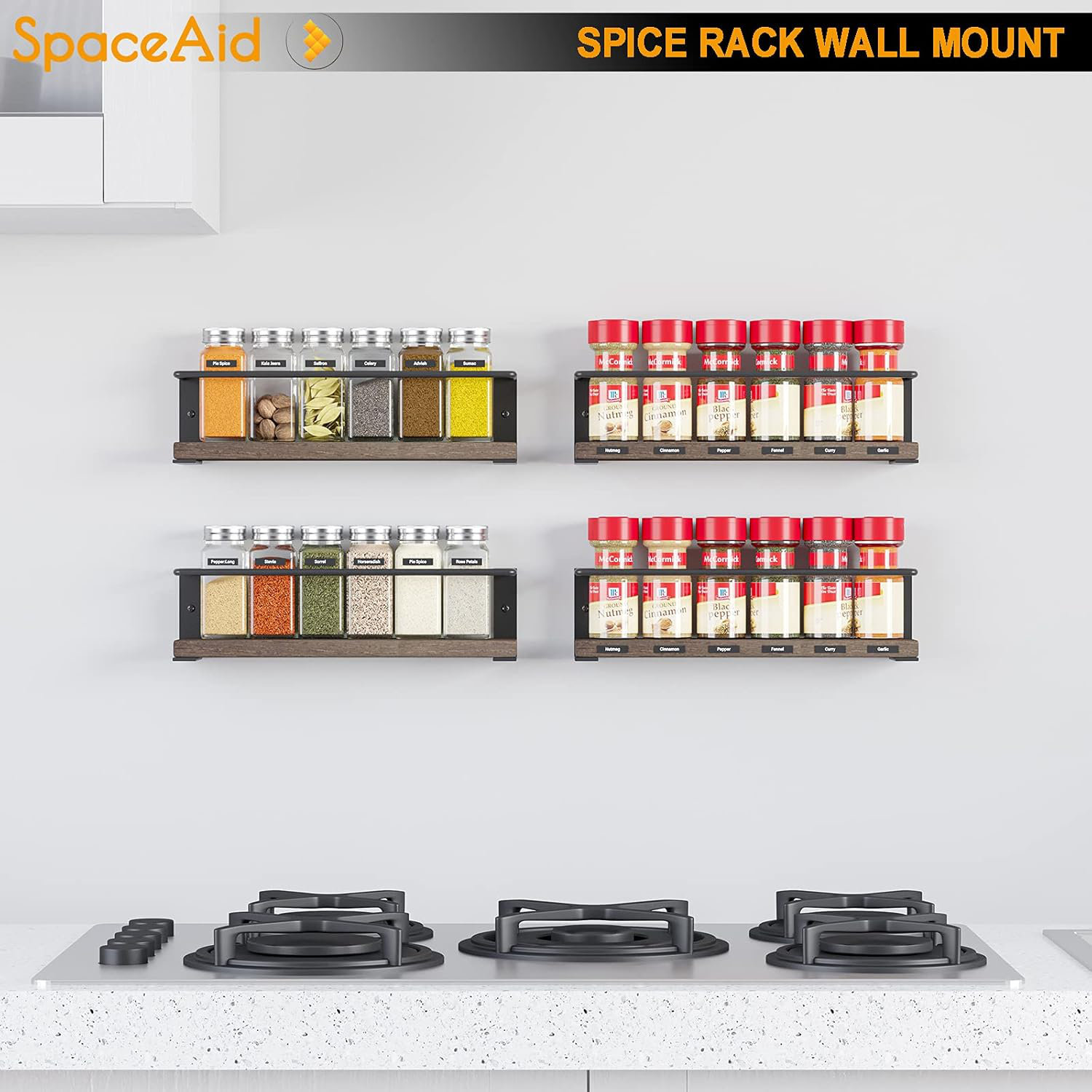 SpaceAid 4-Pack Wooden Spice Rack Organizer for Cabinet Door or Wall ...