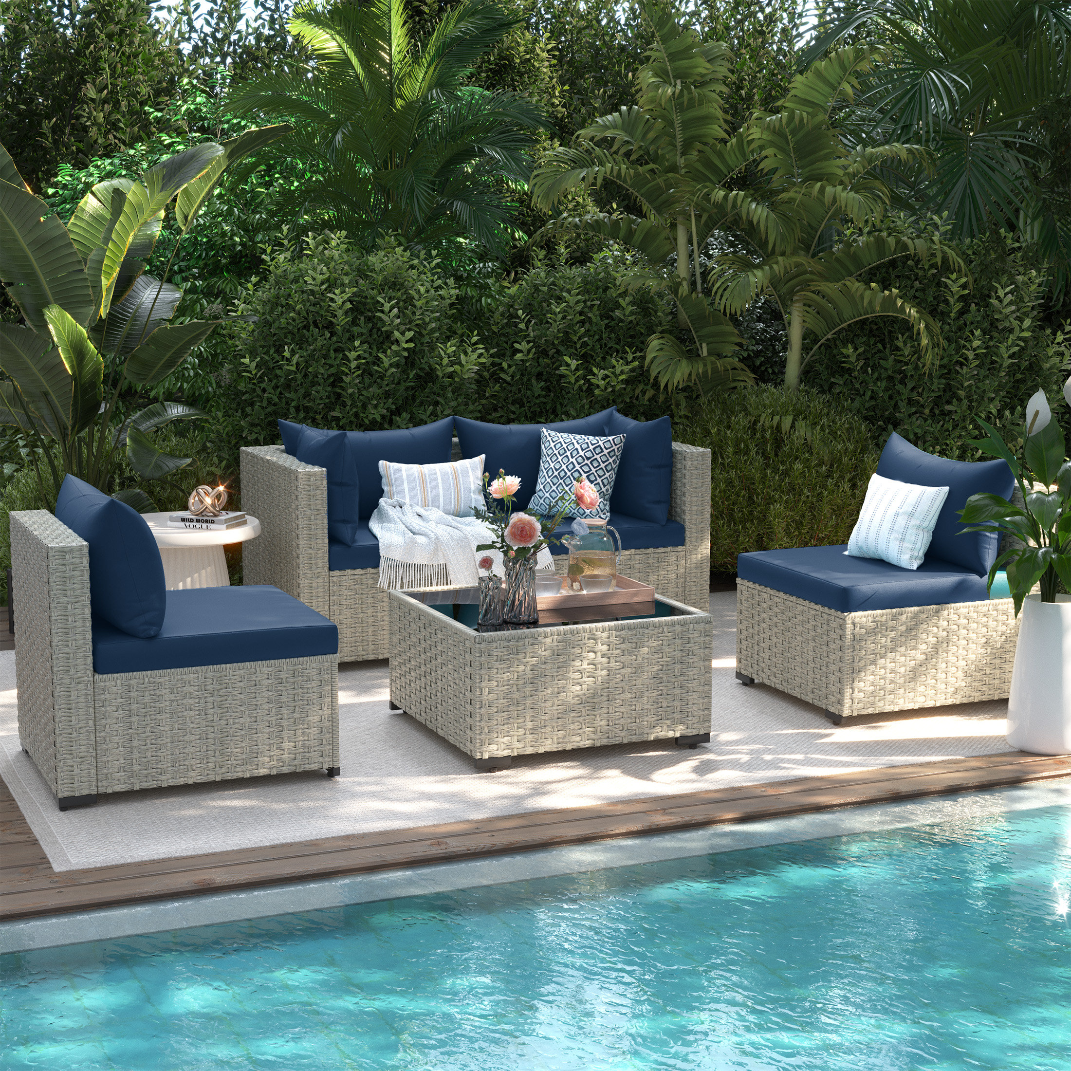 Ebern Designs 5 Pieces Rattan Patio Conversation Sets With Cushions ...