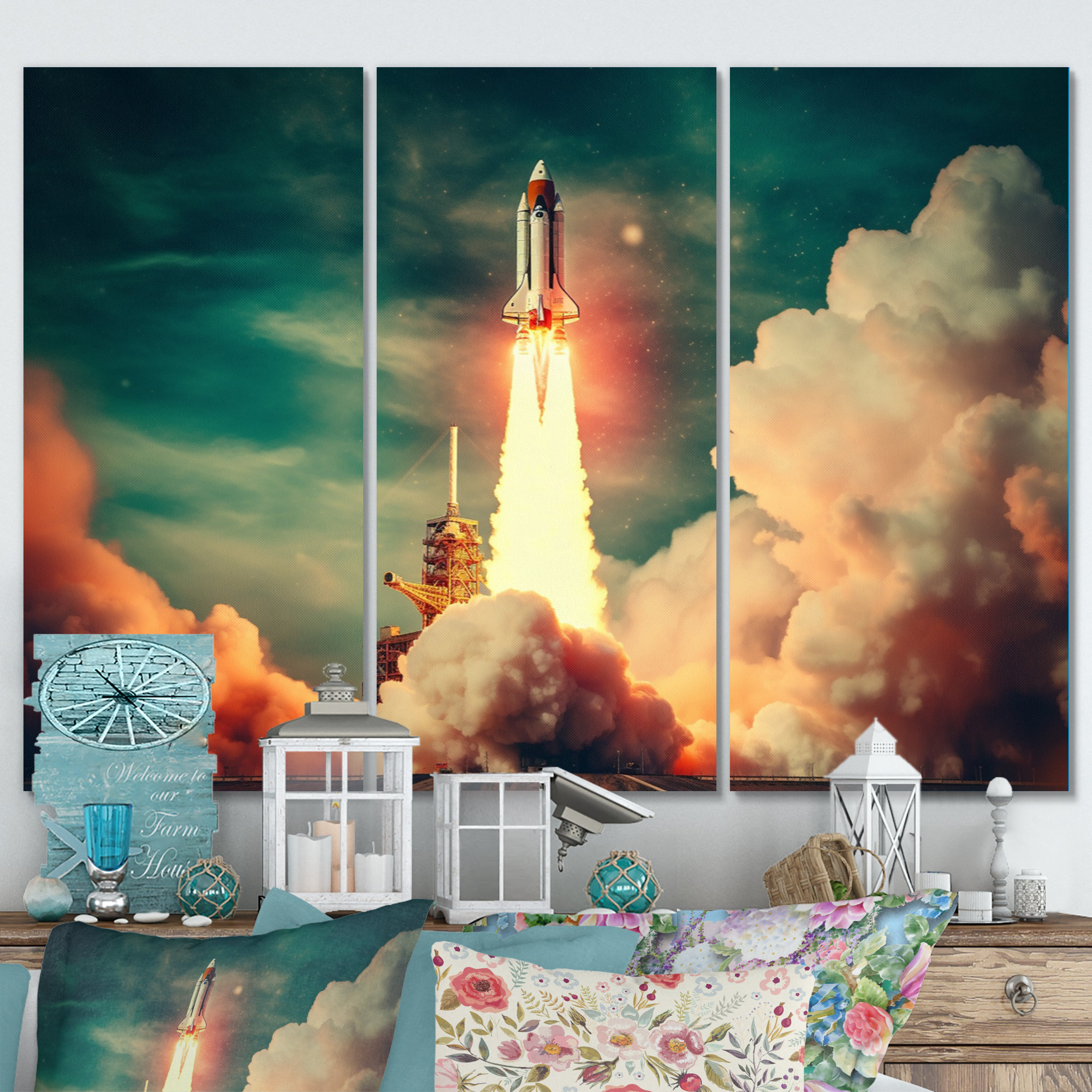 Latitude Run® Vintage Spaceship Rocket III - 3 Piece Wrapped Canvas ...