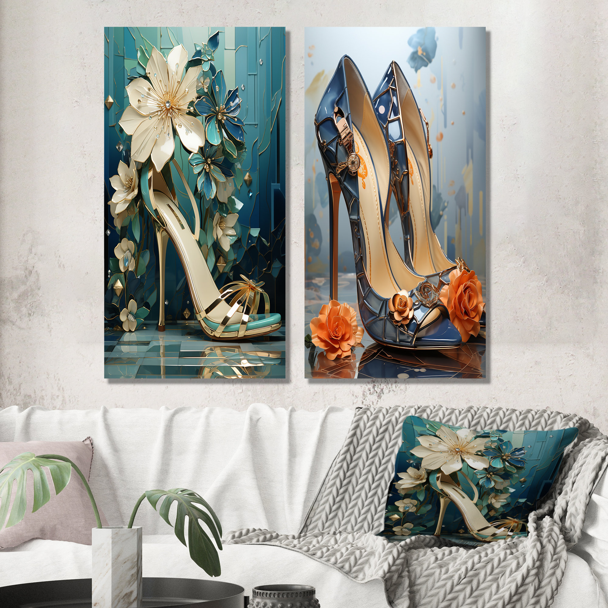 Mercer41 Blue High Heel Floral Elegance I - Fashion High Heels Wall Art ...