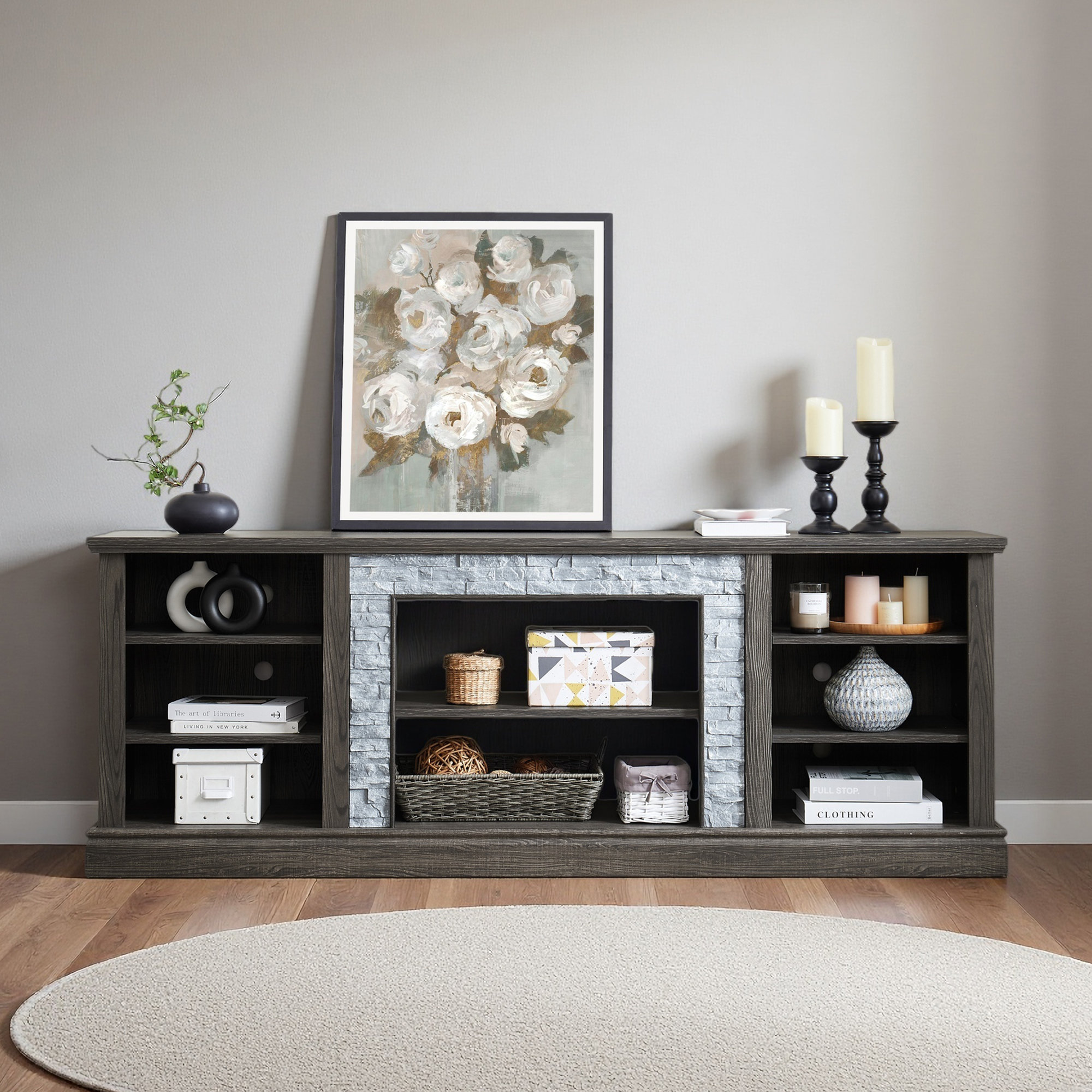 Mercer41 Large Faux Stacked Stone TV Stnad, Desk Storage Rack, Media ...